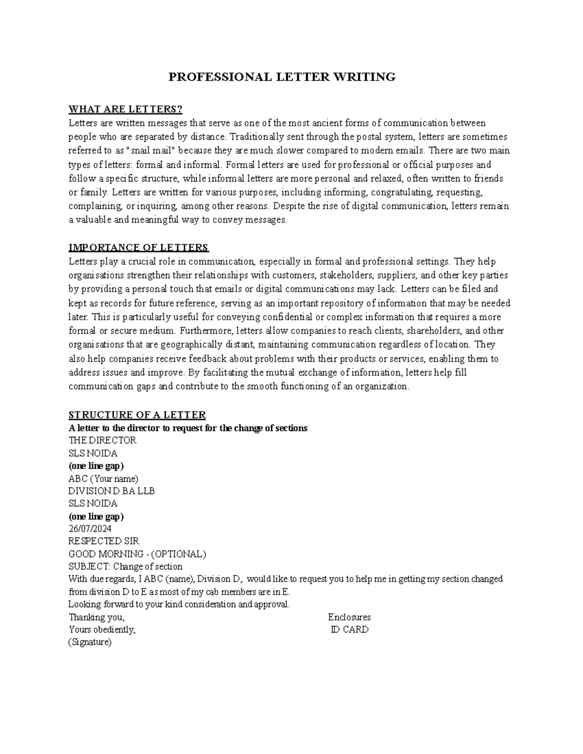 English Notes for - PROFESSIONAL LETTER WRITING WHAT ARE LETTERS ...