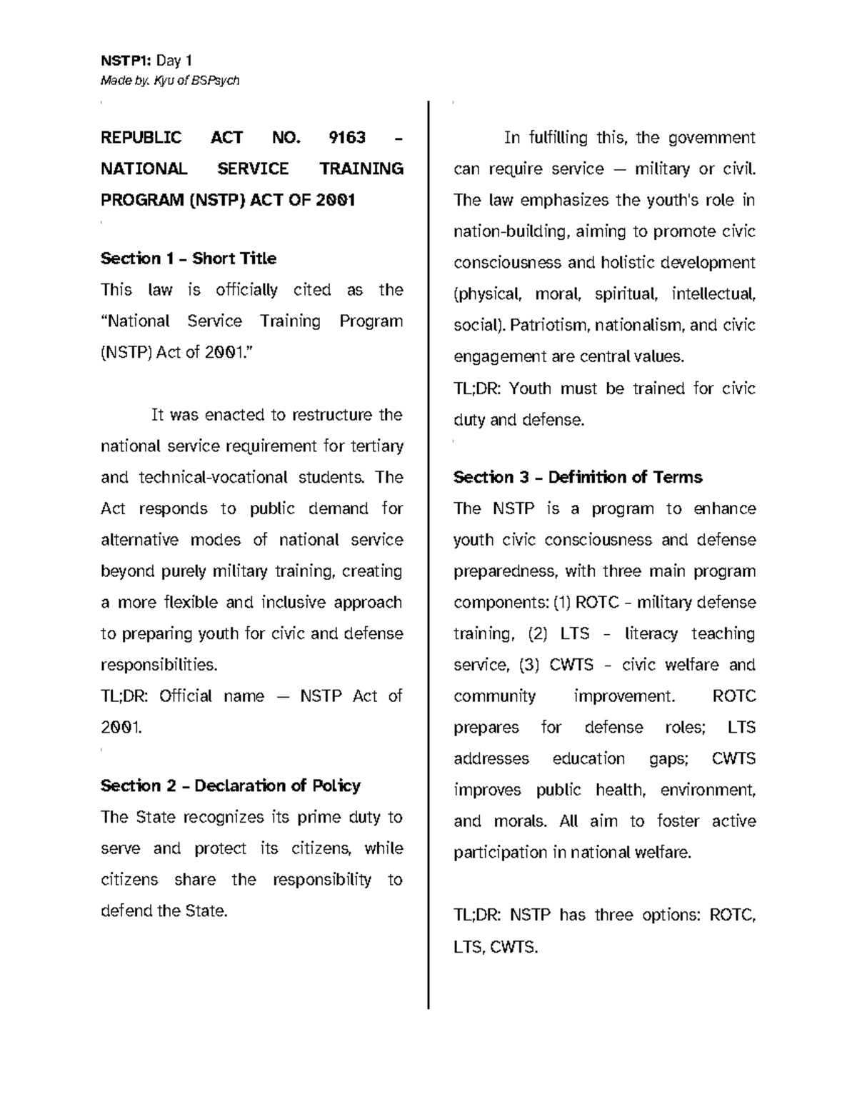 NSTP1: Discussion Notes on National Service Training Program (RA 9163 ...