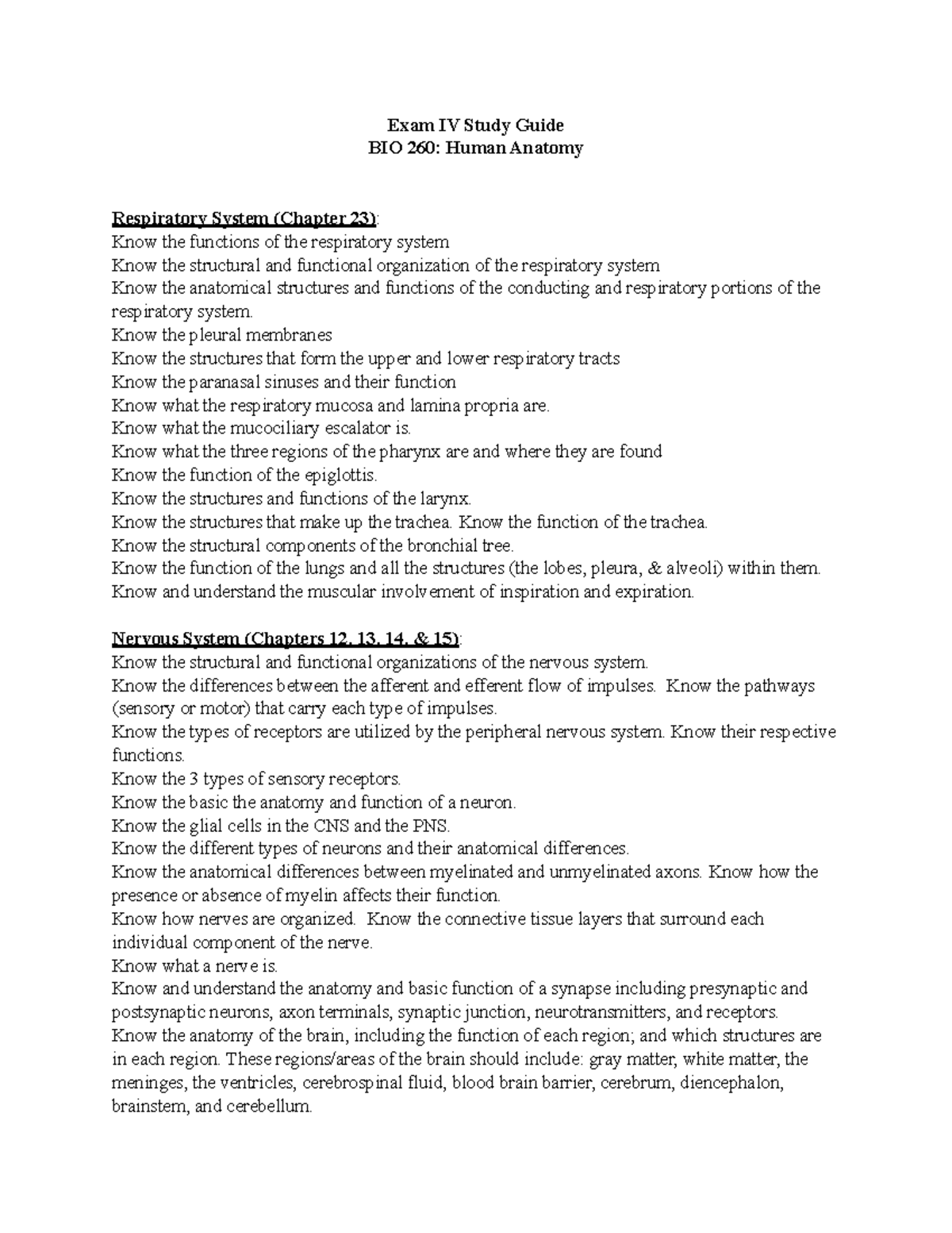 BIO 260 Final Exam Study Guide: Human Anatomy Overview - Exam IV Study ...