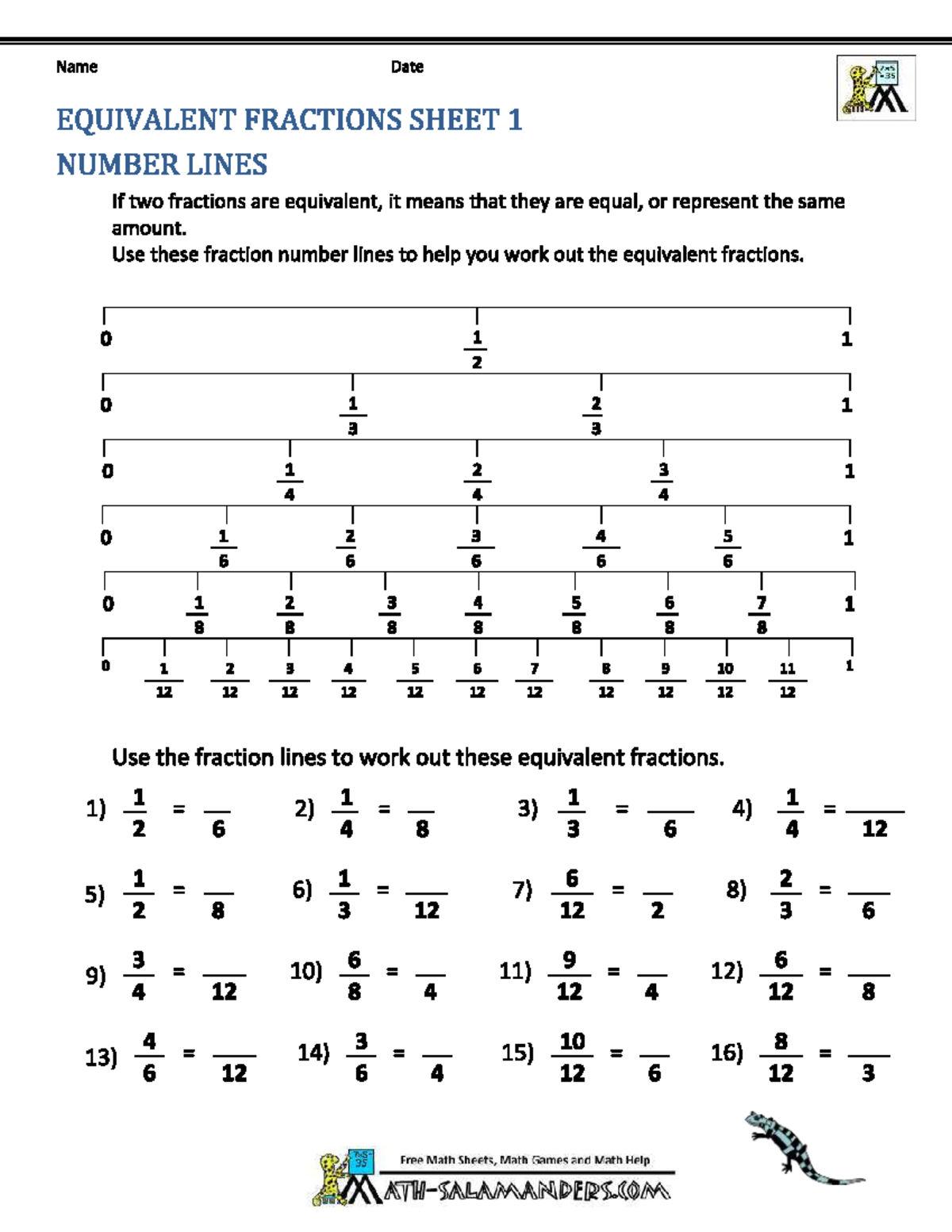 Equivalent fractions 1 Q - Name Date 2x5 EQUIVALENT FRACTIONS SHEET 1 ...
