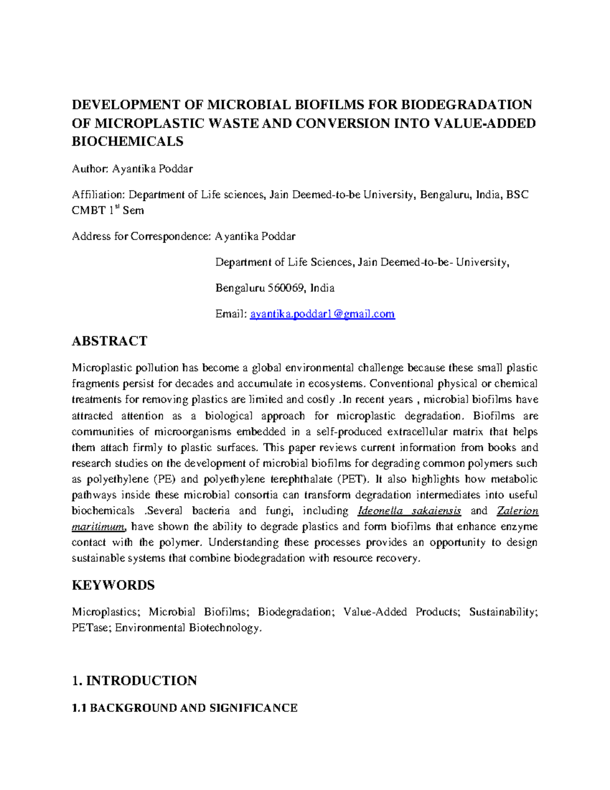 DEVELOPMENT OF MICROBIAL BIOFILMS FOR MICROPLASTIC DEGRADATION (CHEM ...