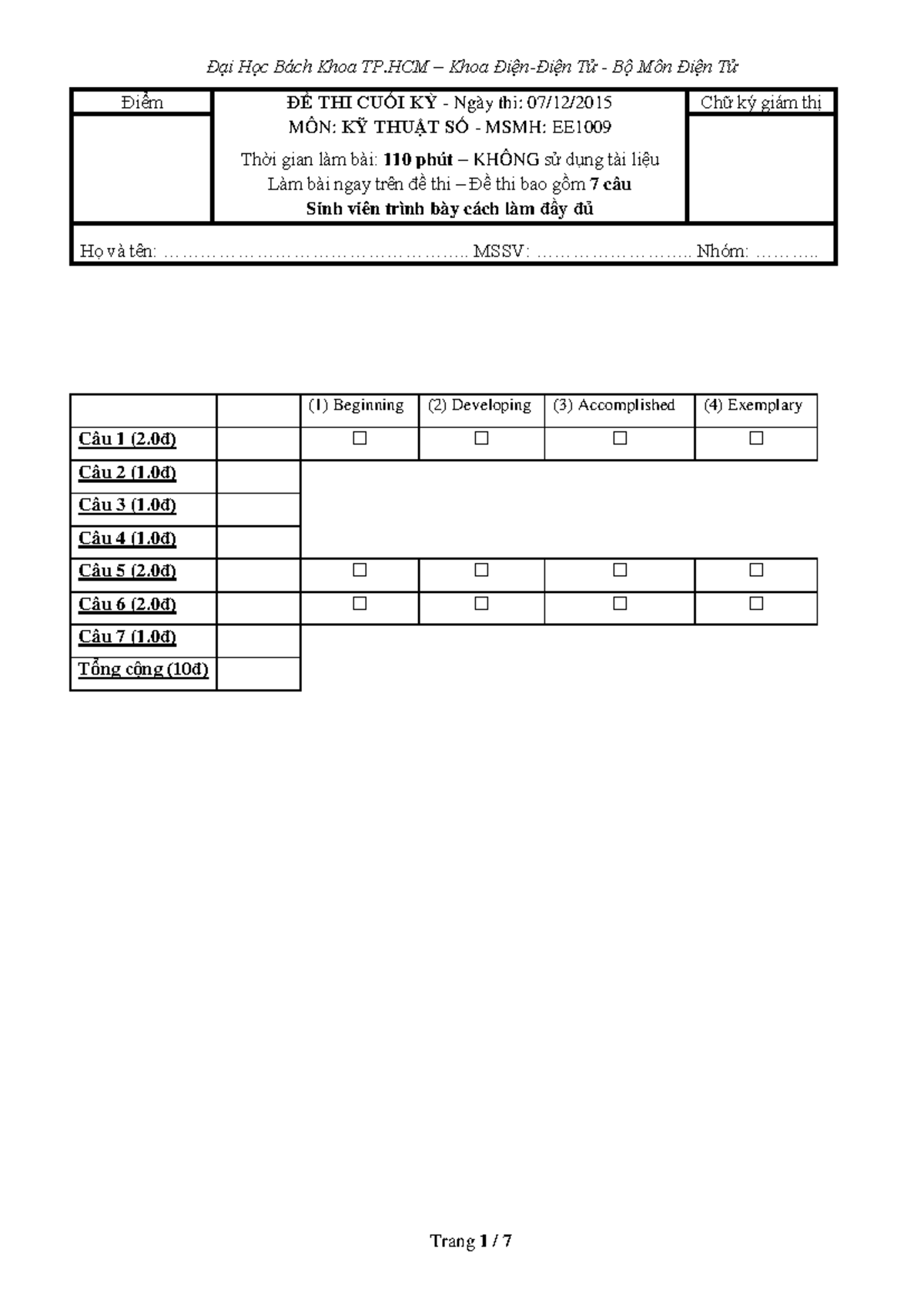 Thi KTS CQ 151 Rev4 - đề luyện tập môn kĩ thuật số trường DH BK HCM - Điểm ĐỀ THI CUỐI KỲ - Ngày ...