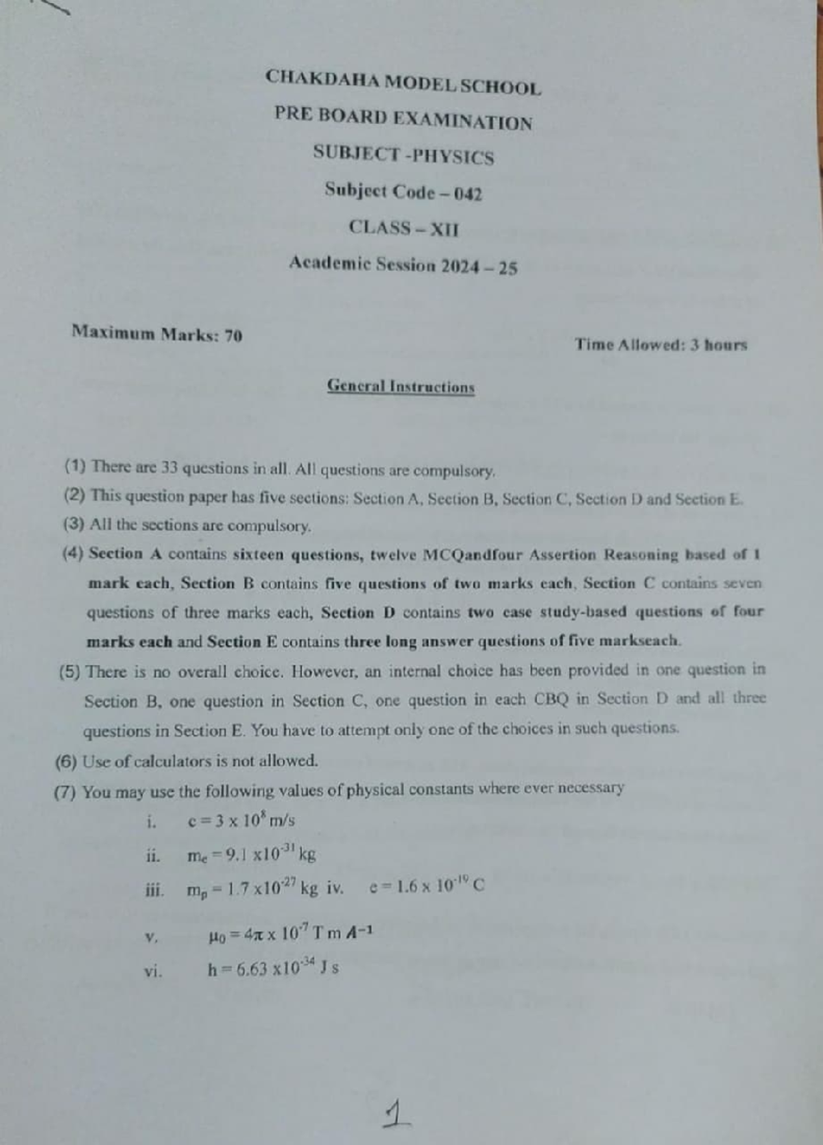 Physics Pre-Board QP - Pre Board QP - Maximum Marks: 70 ...