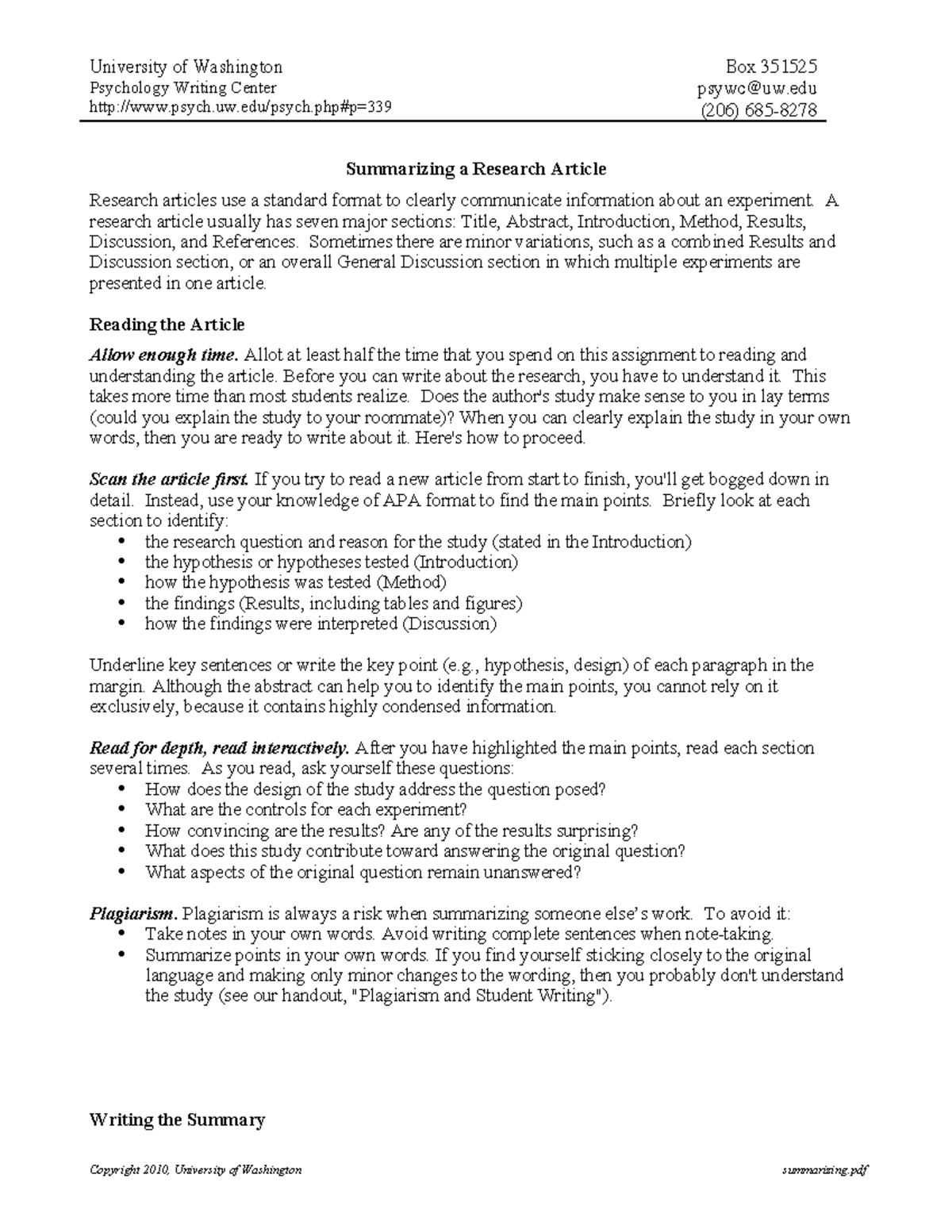 Summarizing a Research Article: Guidelines from UW Psychology - Studocu