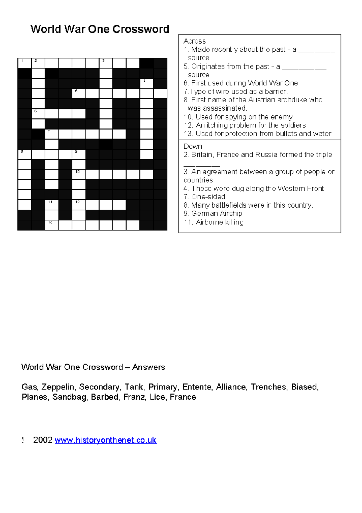 WW1 Crossword Puzzle - Key Terms and Answers - Studeersnel