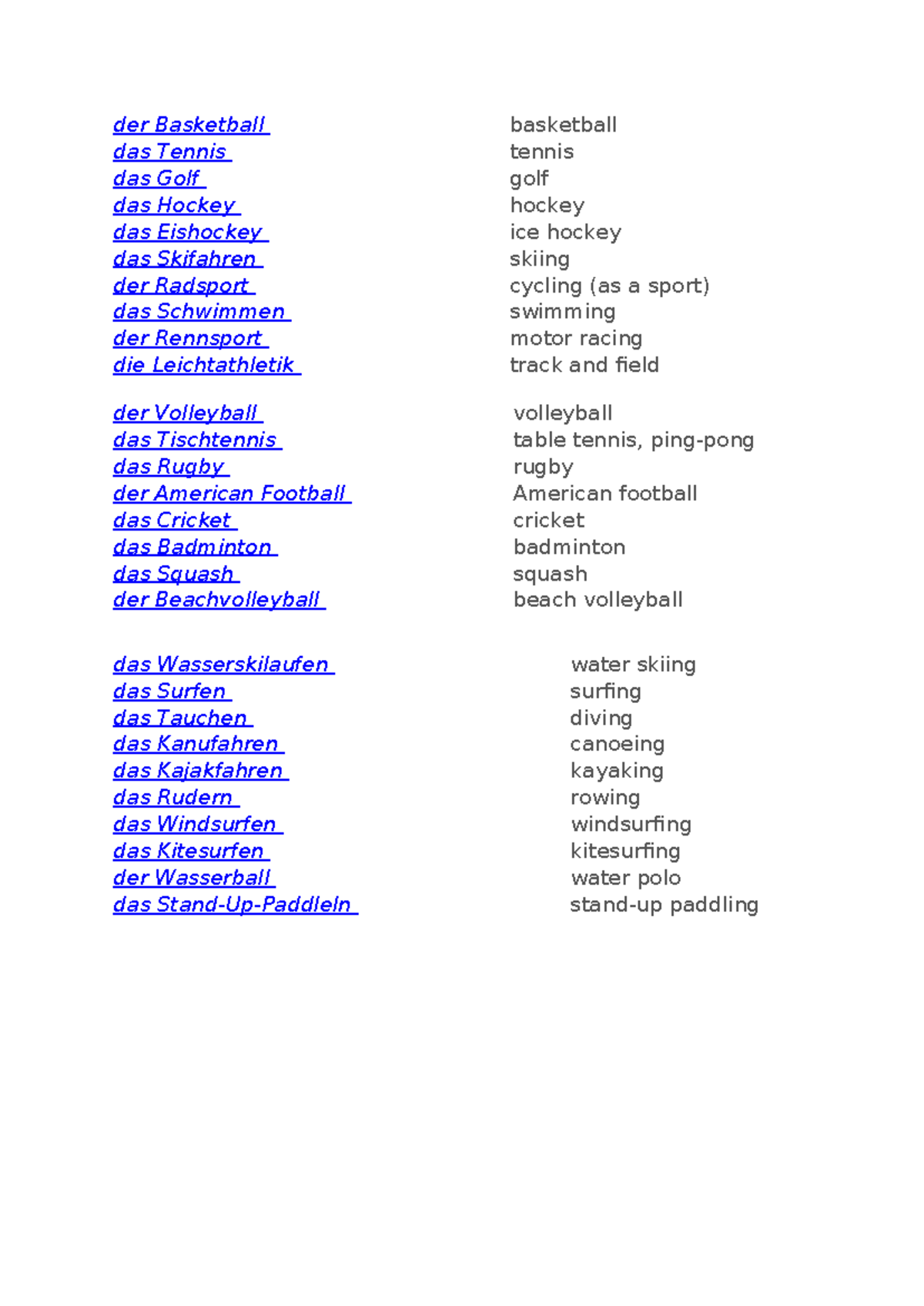 German sports - Vocab list - very helpful for exam and test revision ...