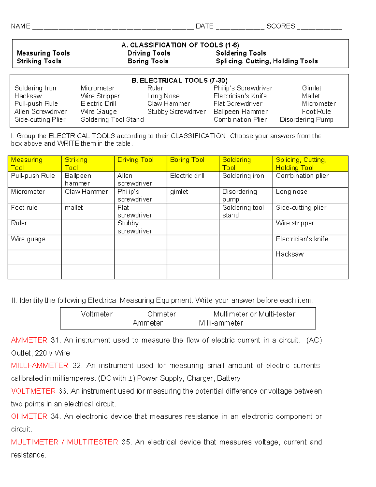 Electrical Tools Classification and Measuring Equipment Guide - Studocu