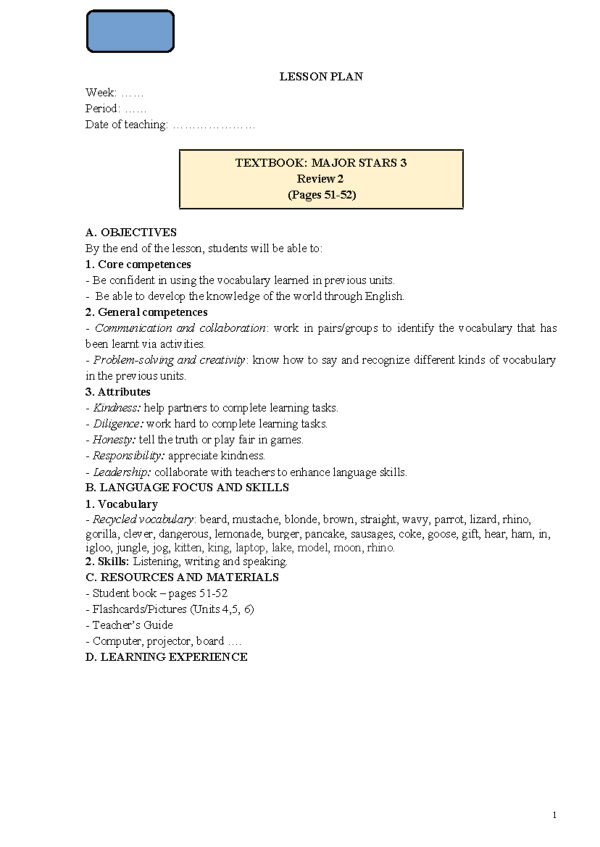 LESSON PLAN: Vocabulary Review & Activities for MAJOR STARS 3 - Studocu