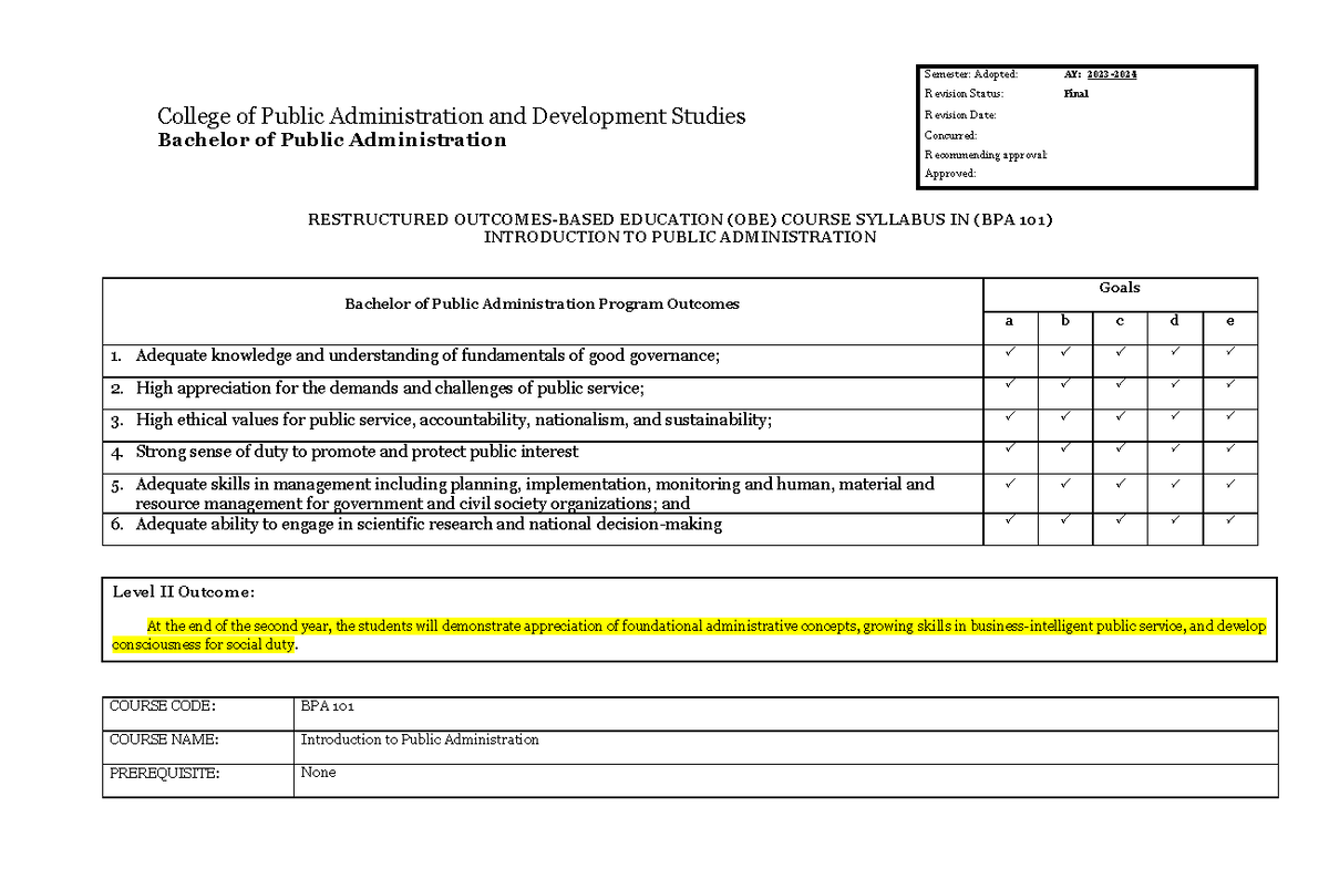 BPA 101 - Syllabus for Introduction to Public Administration, AY 2023 ...