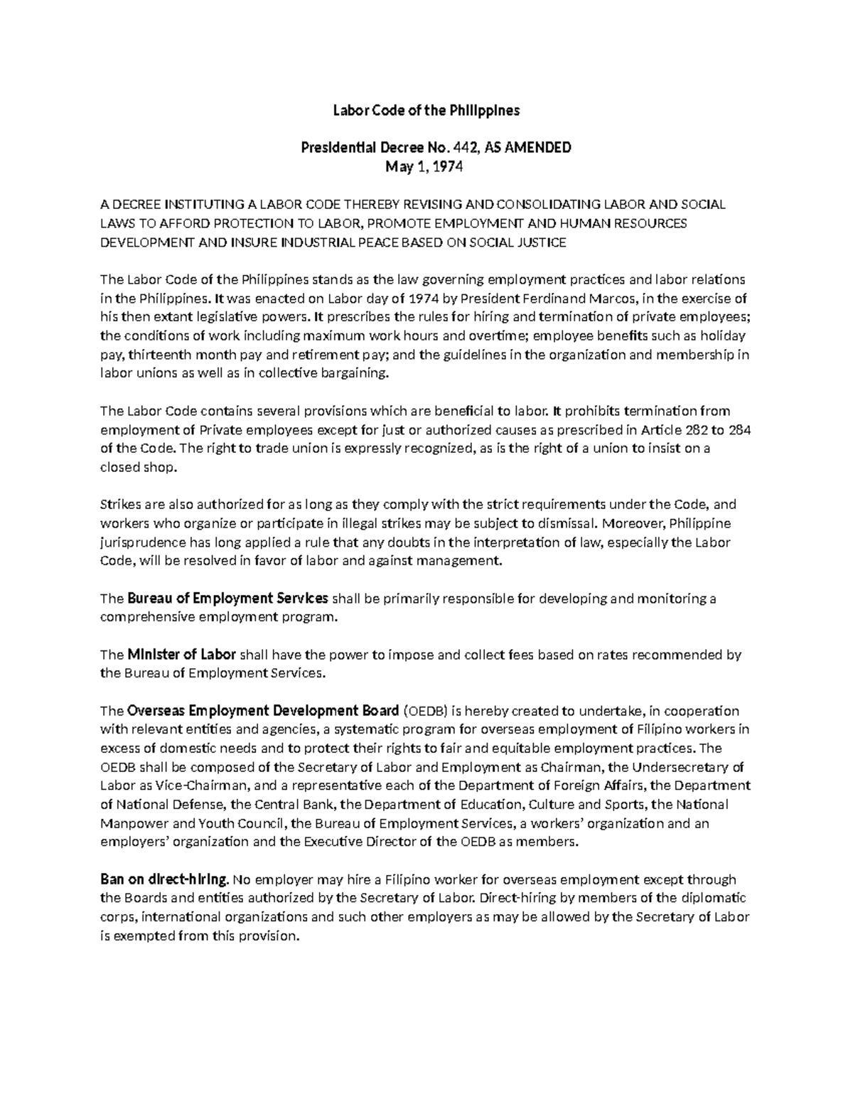 Philippine Labor Code: Key Provisions & Employment Regulations - Studocu