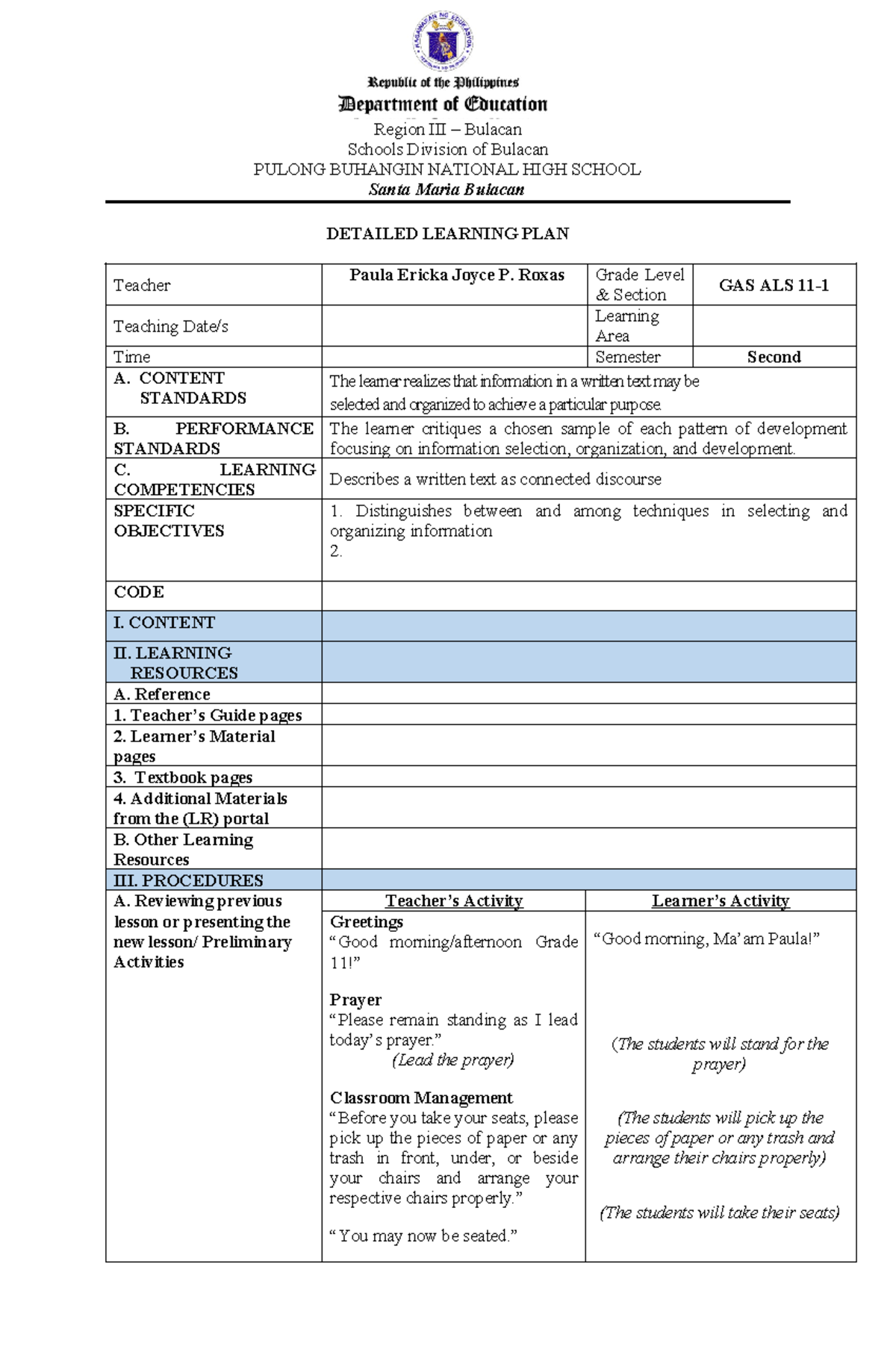learning plan in reading and writing - Region III – Bulacan Schools ...