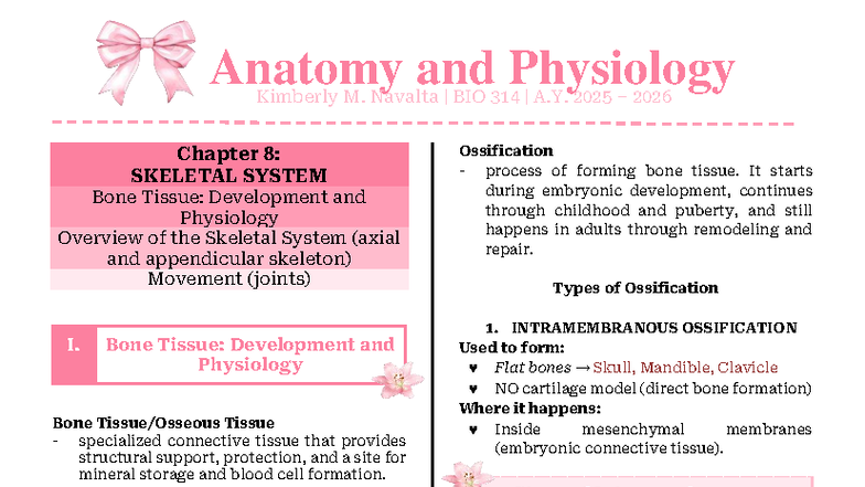 BIO 314 Skeletal System Overview: Chapter 8 Assessment Notes - Studocu