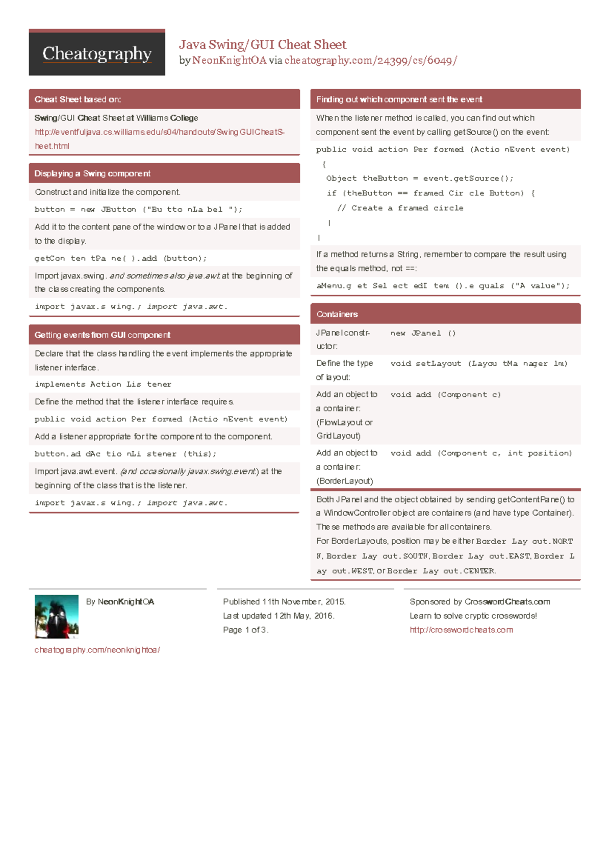 Java Swing GUI Cheat Sheet (NeonKnightOA) - Studocu