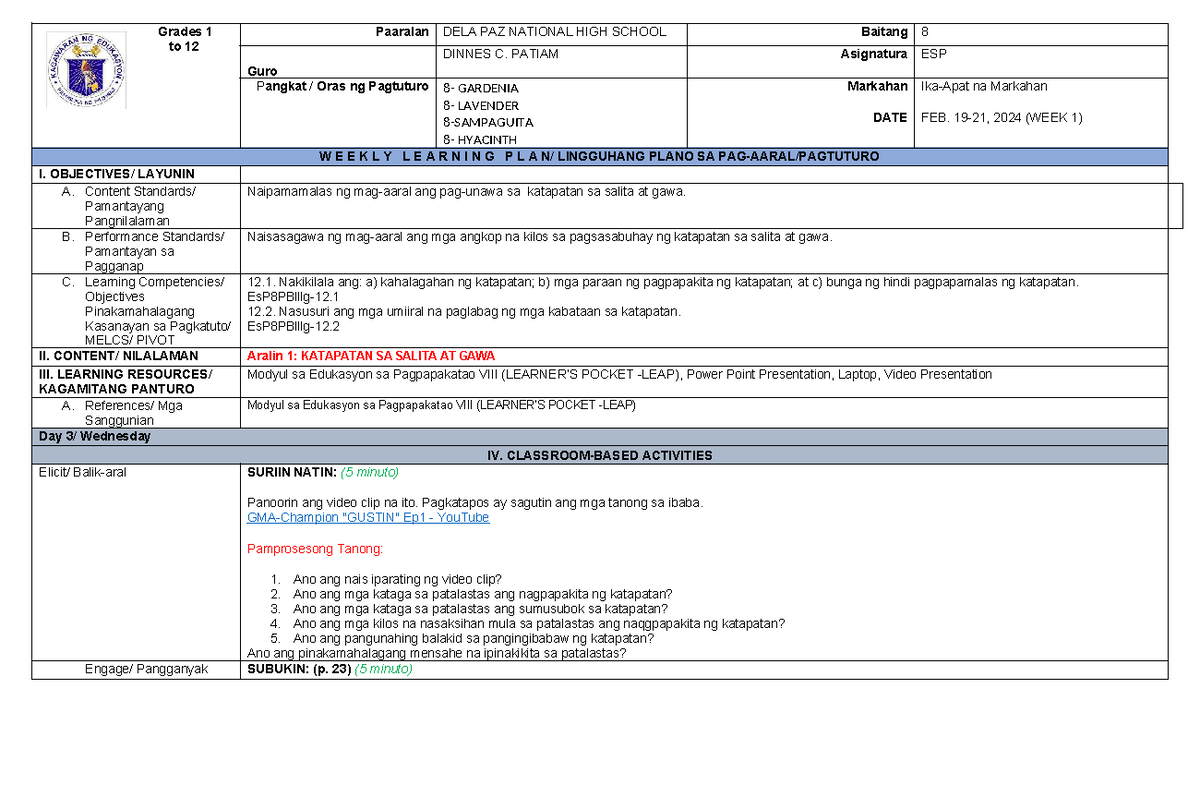 Weekly Learning Plan for Grade 8 EsP - Feb 19-21, 2024 - Studocu