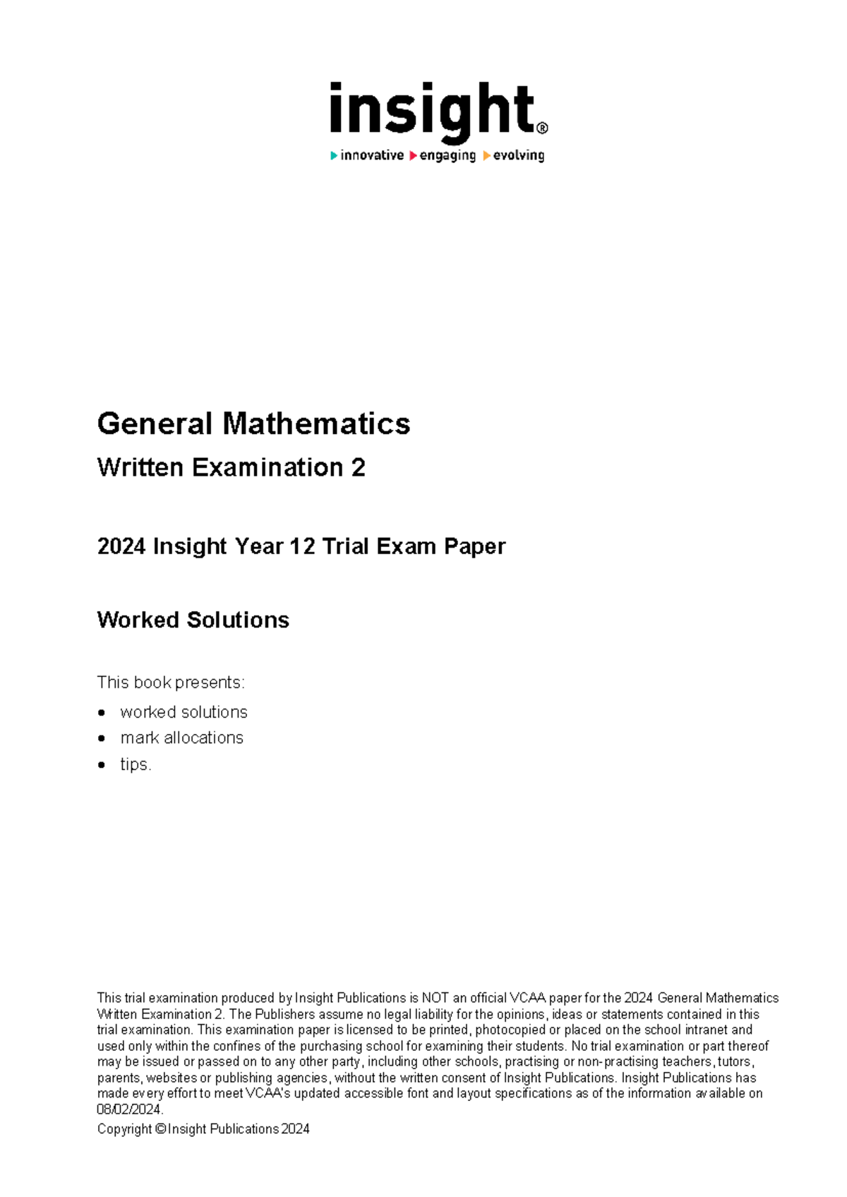 VCE General Mathematics Written Examination 2 2024 Trial Exam Solutions ...