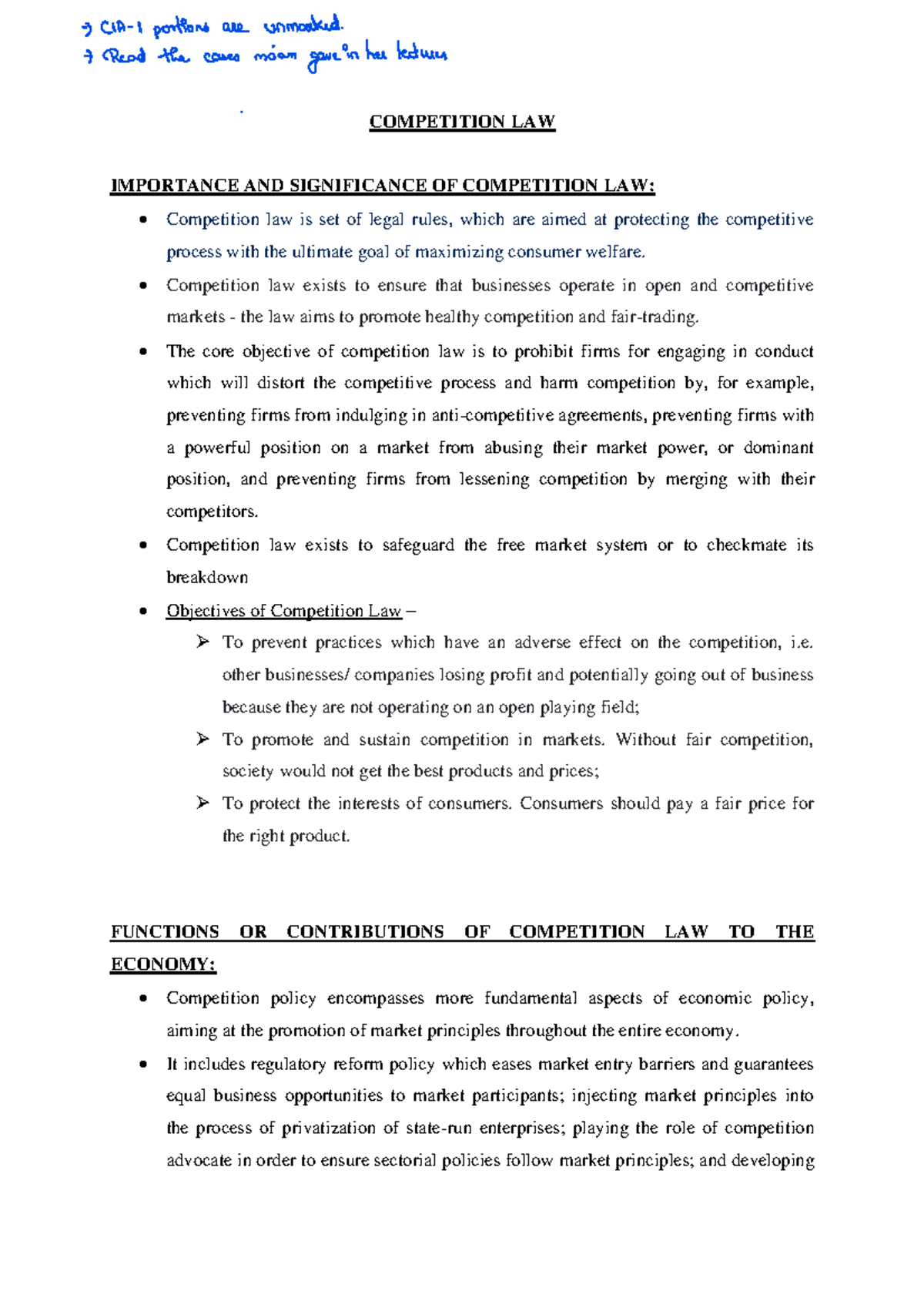 CL ESE Notes - COMPETITION LAW IMPORTANCE AND SIGNIFICANCE OF ...