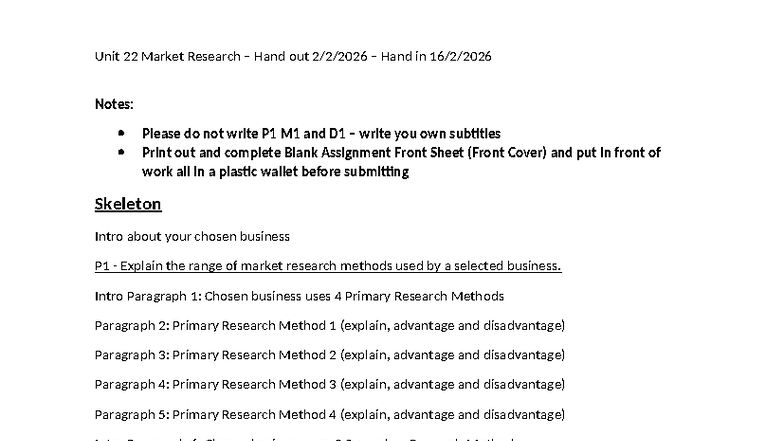 Unit 22 Market Research Methods: Assignment 1 Help Guide - Studocu