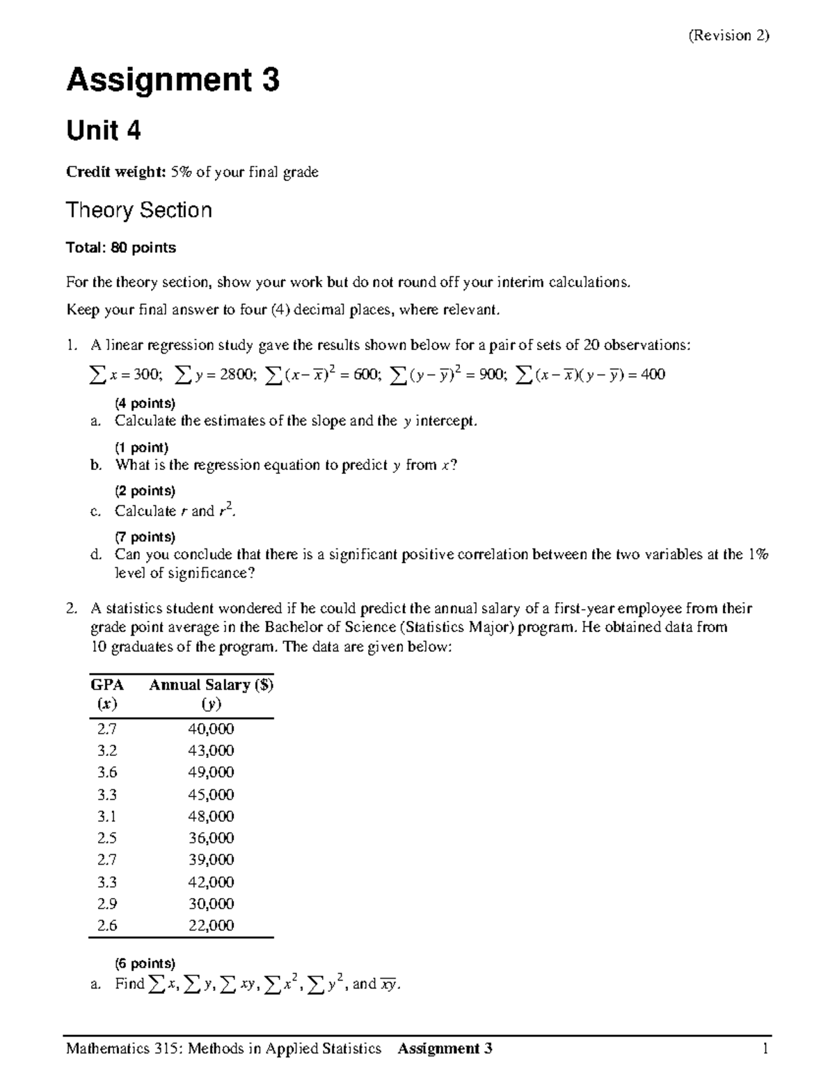 Mathematics 315: Methods in Applied Statistics Assignment 3 Revision 2 ...