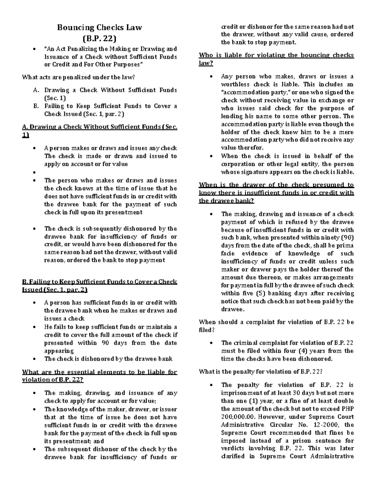 LAAW 101 - Overview of Bouncing Checks Law (B.P. 22) Regulations - Studocu