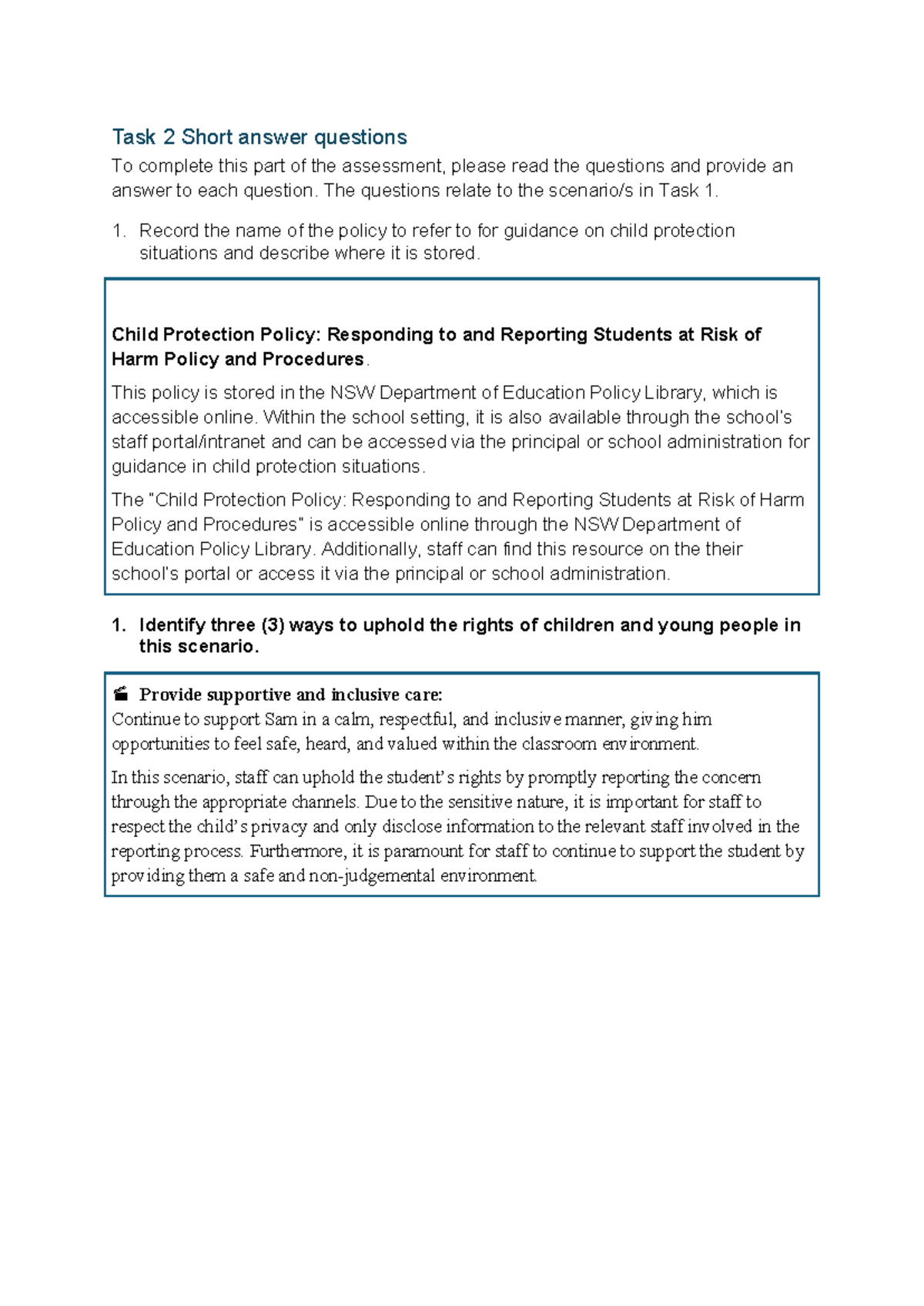Task 2: Short Answer Questions on Child Protection Policies - Studocu