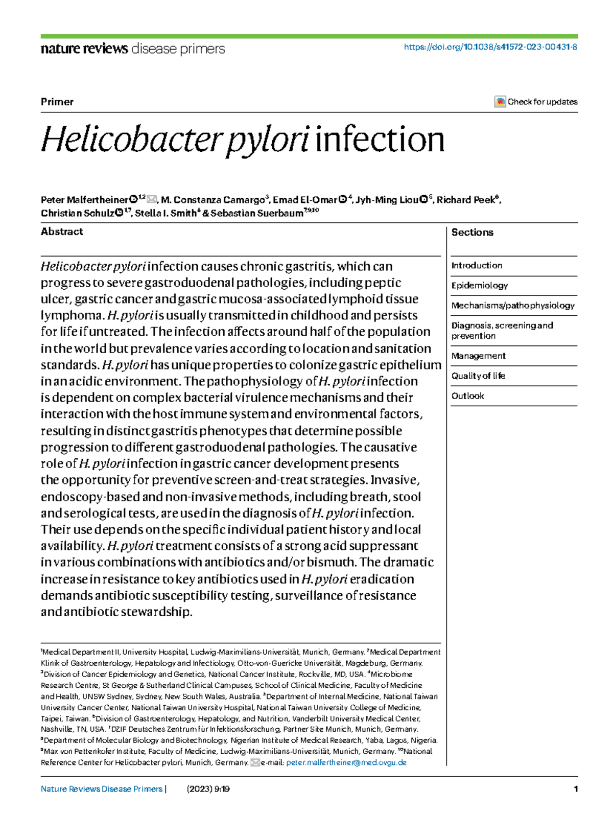 Helicobacter pylori Infection: Insights and Updates (Nature Rev Dis ...
