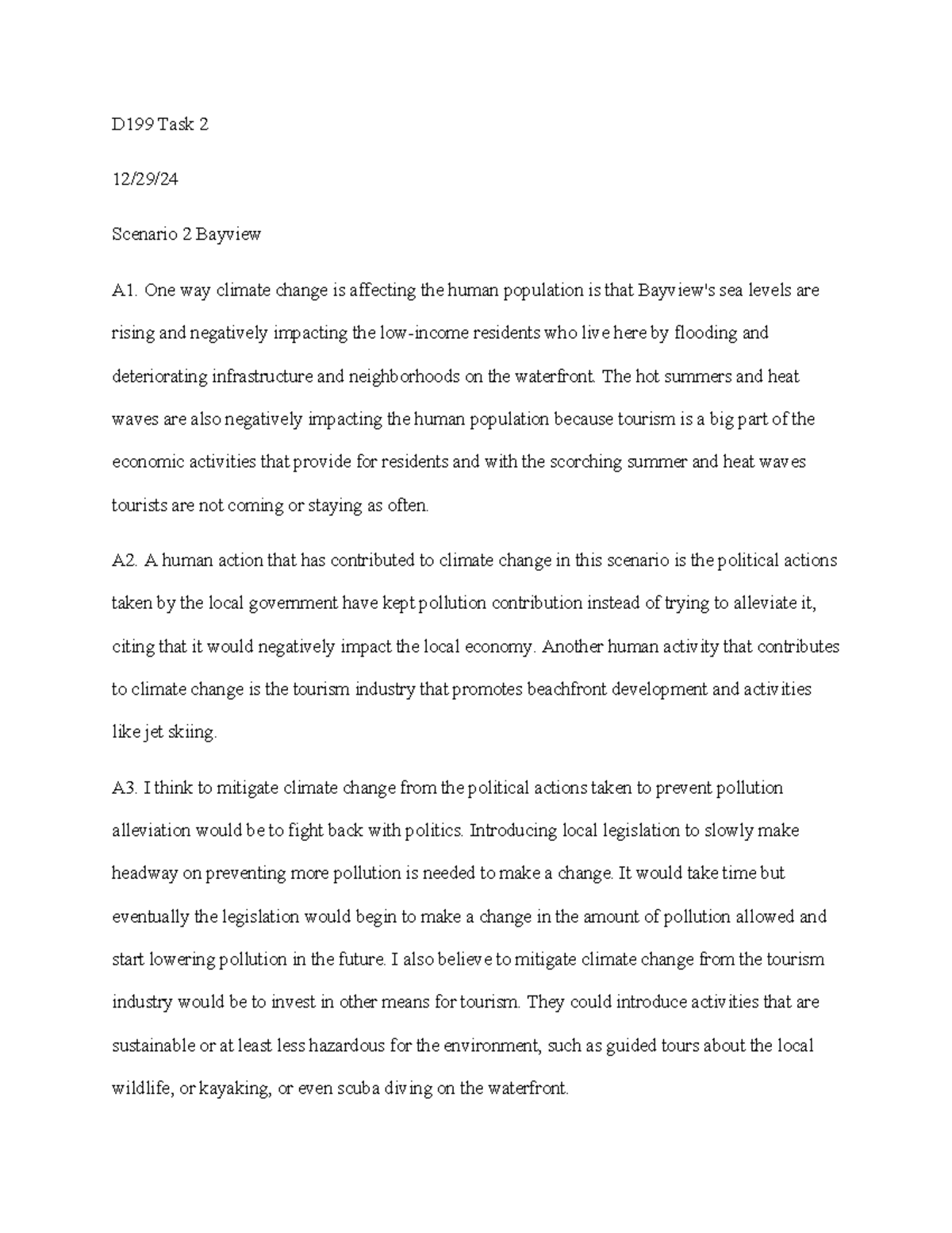 D199 Task 2 Climate Change Impact in Bayview Analysis - Studocu