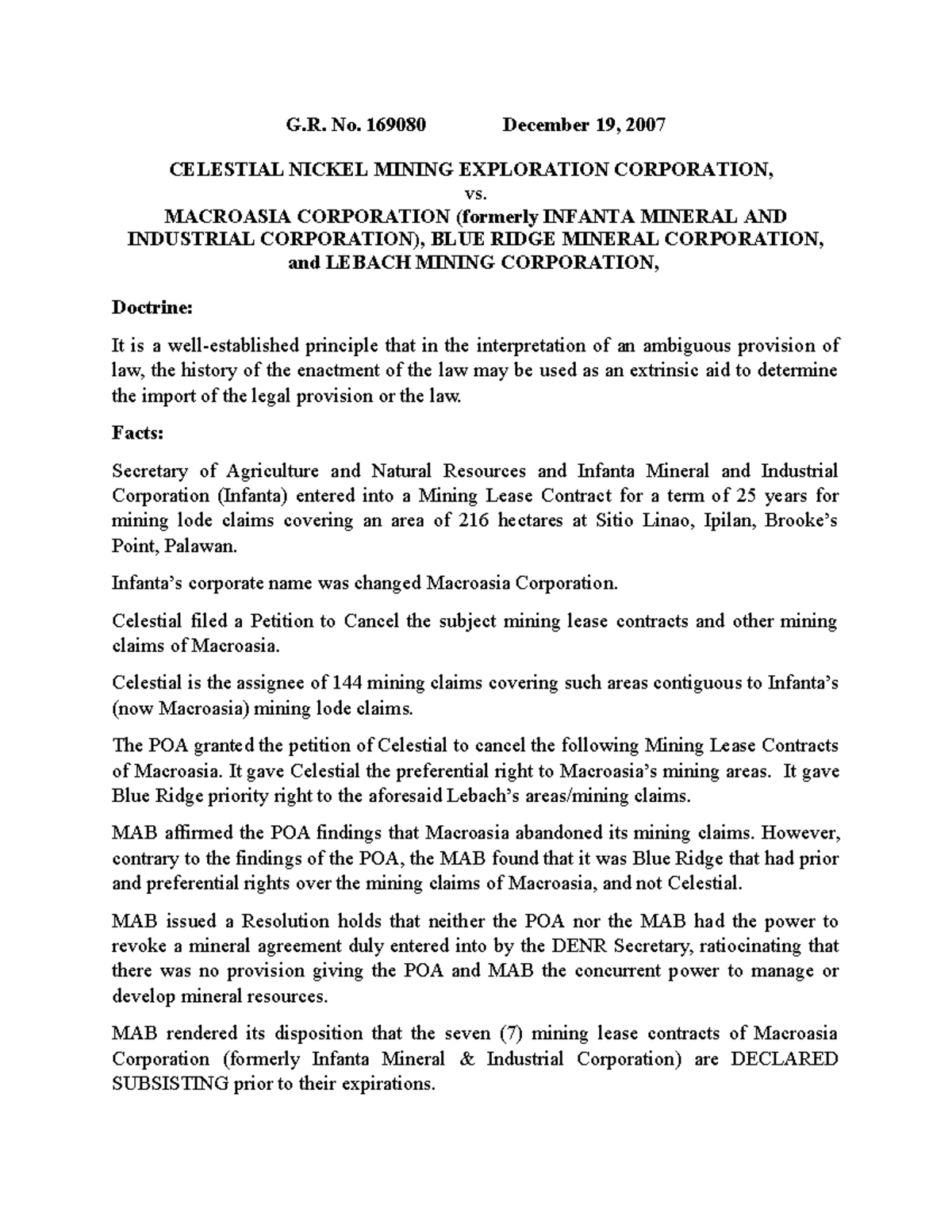 G.R. No. 169080: Celestial vs. Macroasia Mining Lease Dispute Overview ...