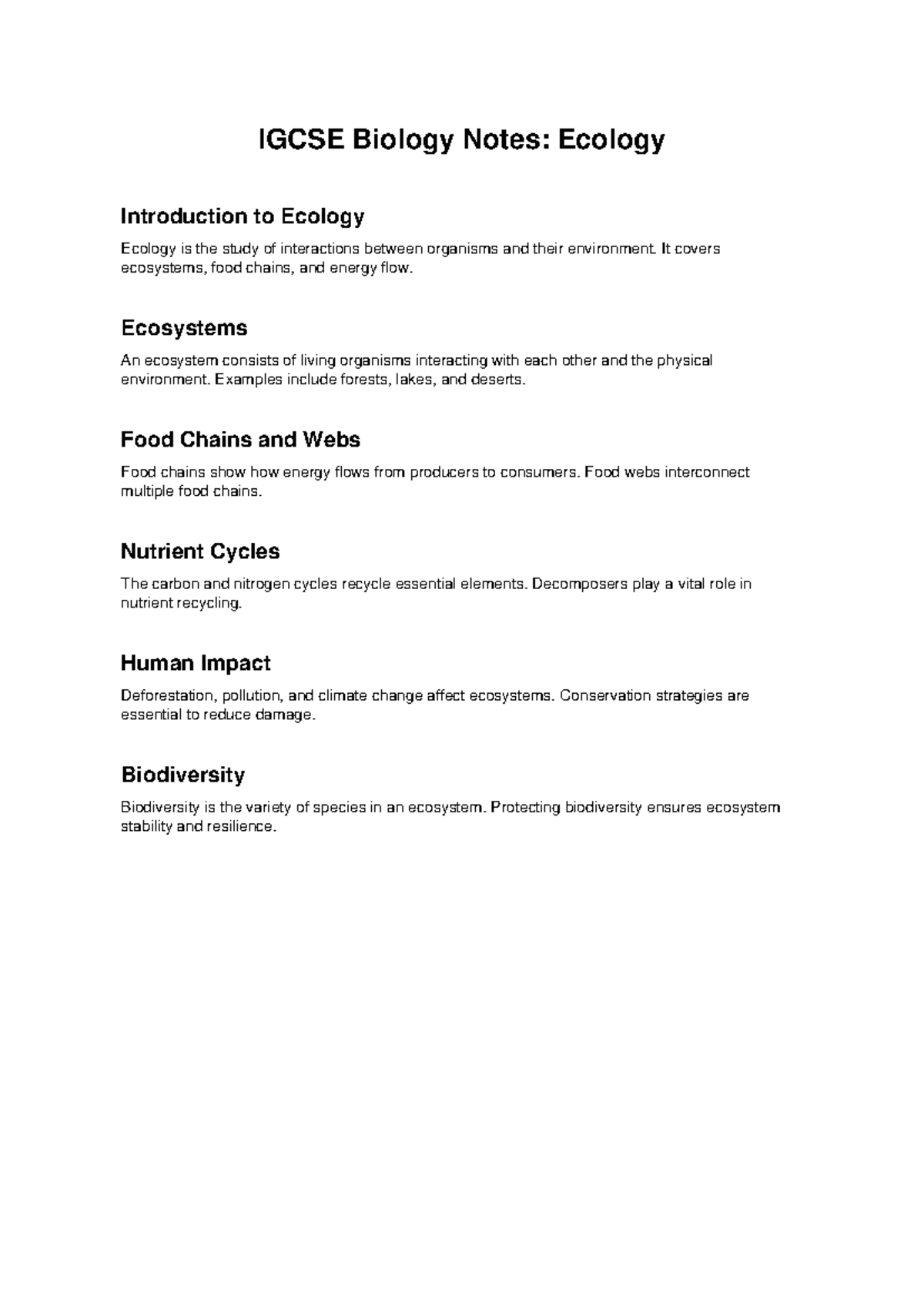 IGCSE Biology Notes: Introduction to Ecology and Ecosystems - Studocu