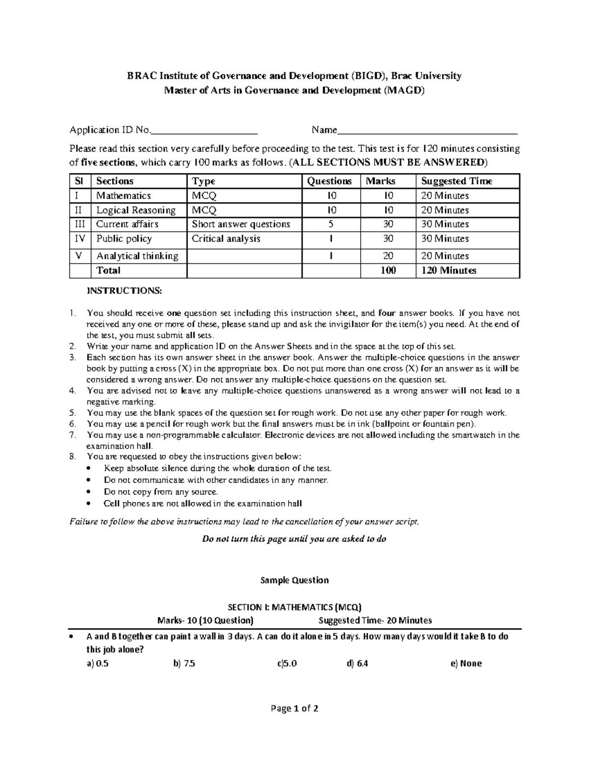 MAGD Admission Test Sample Questions and Instructions - Studocu