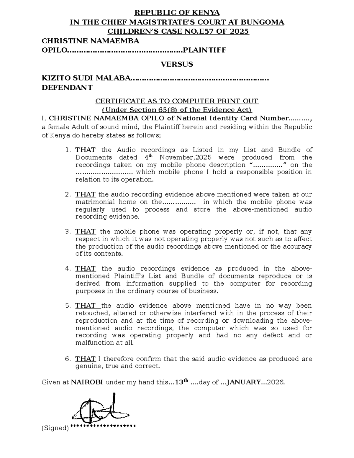 Certificate of Computer Printout - Christine Namaemba v. Kizito Sudi ...