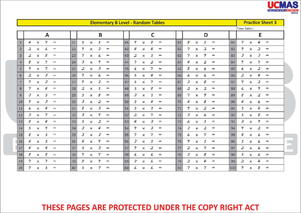 UCMAS EDUCATION INDIA - Elementary B Level Random Tables Practice 3 ...
