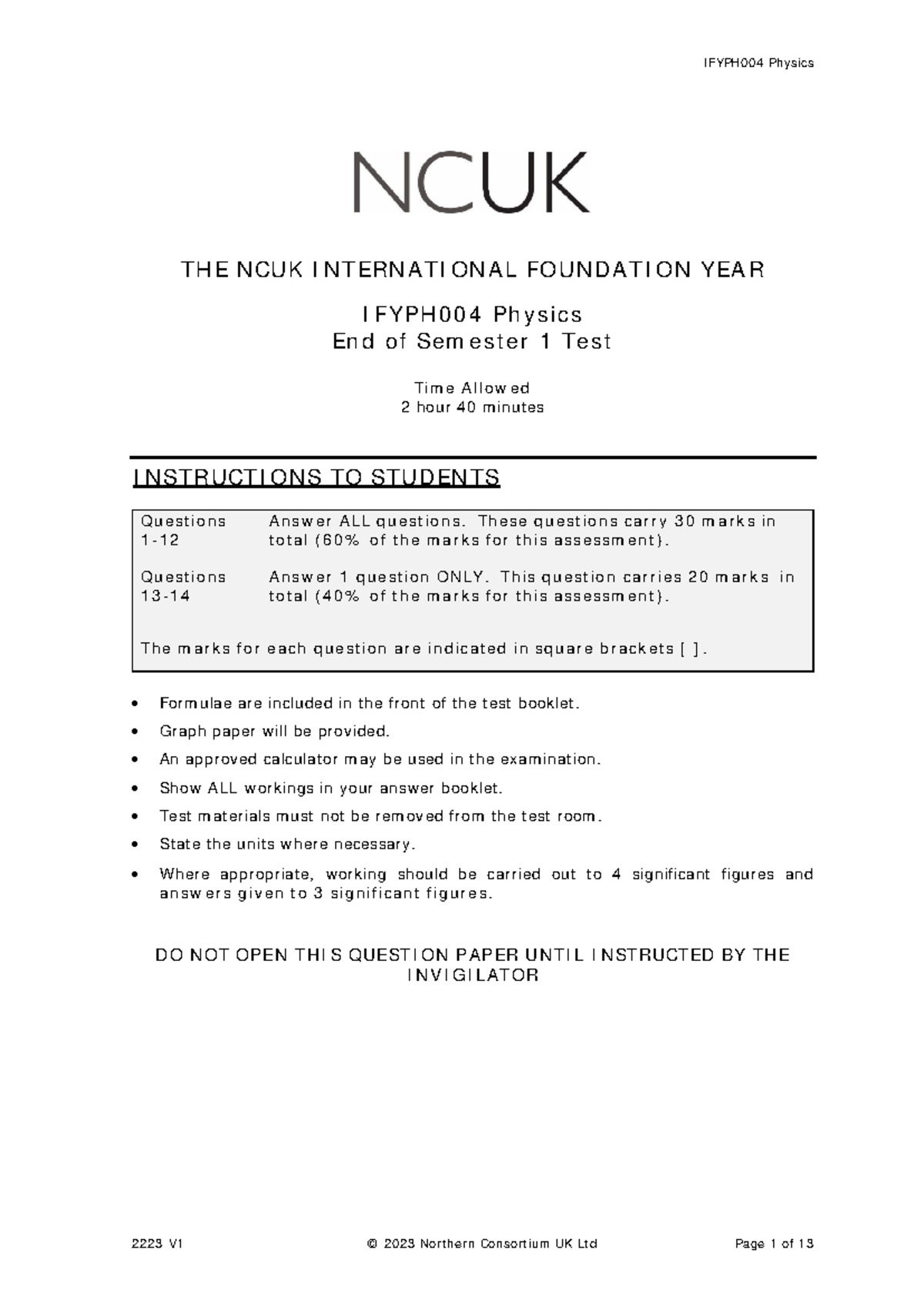 IFY Physics End of Semester 1 Test 2223 V1 - Studocu