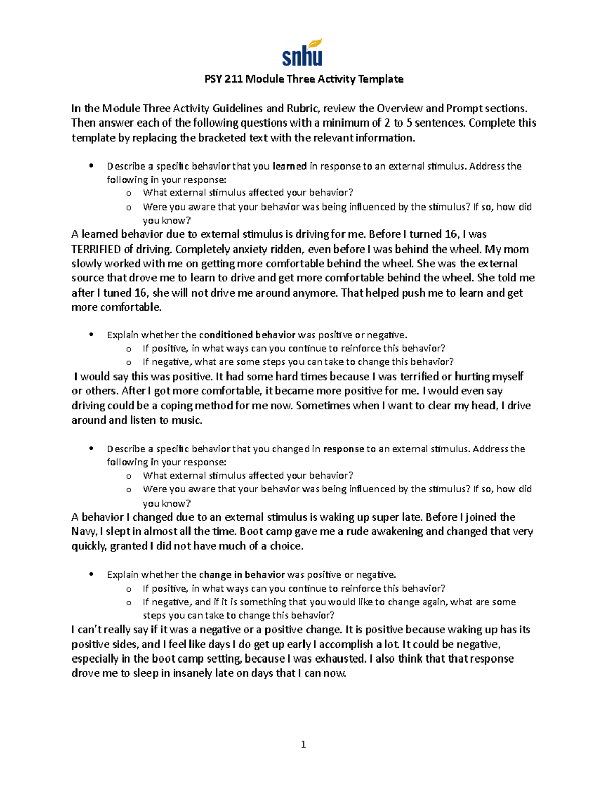 PSY 211 Module Three Activity: Exploring Behavior Change and ...