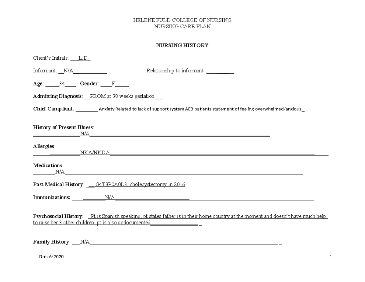 Maternity OB Care Plan - NA NA this course was in relation to nursing ...