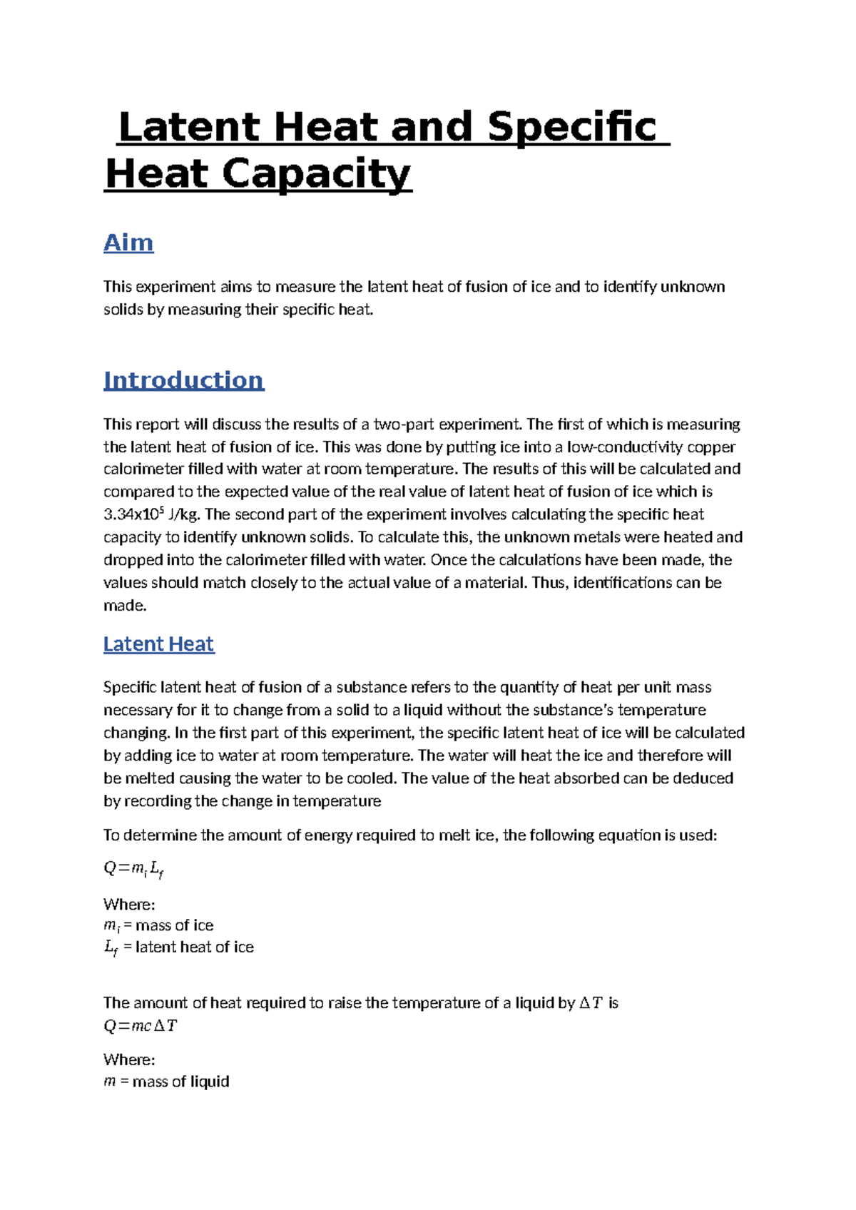 PVB105 Lab Report: Latent Heat of Fusion & Specific Heat Capacity - Studocu