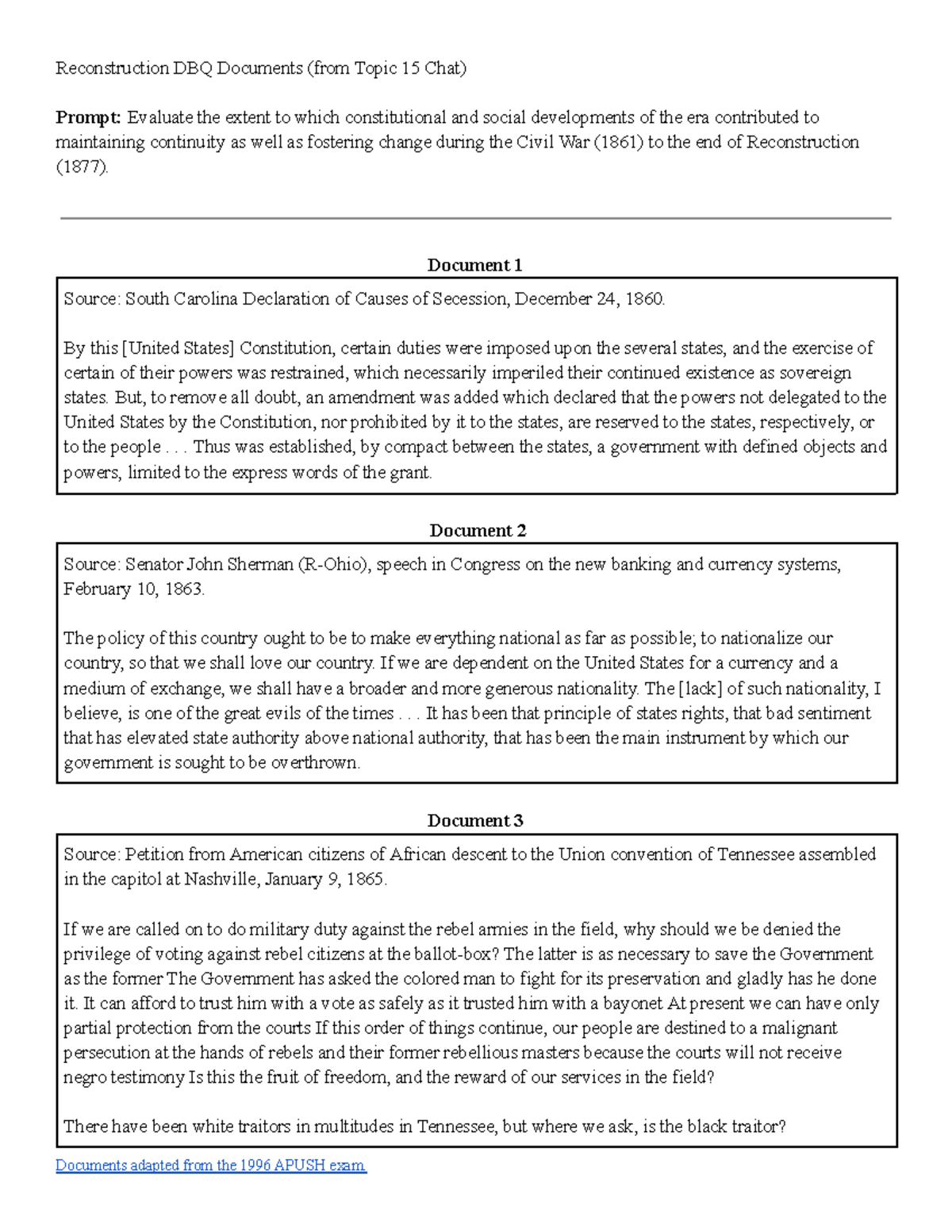 Reconstruction DBQ: Analyzing Constitutional & Social Changes (APUSH ...