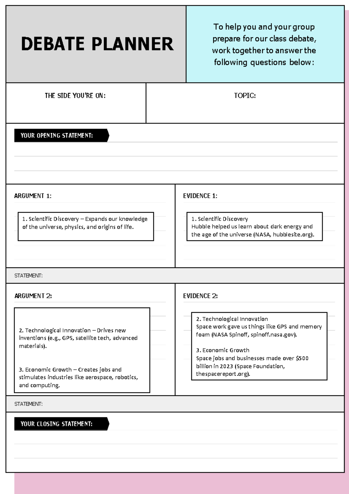 DEBATE PLANNER: Preparing for Class Debate on Scientific Advancements ...