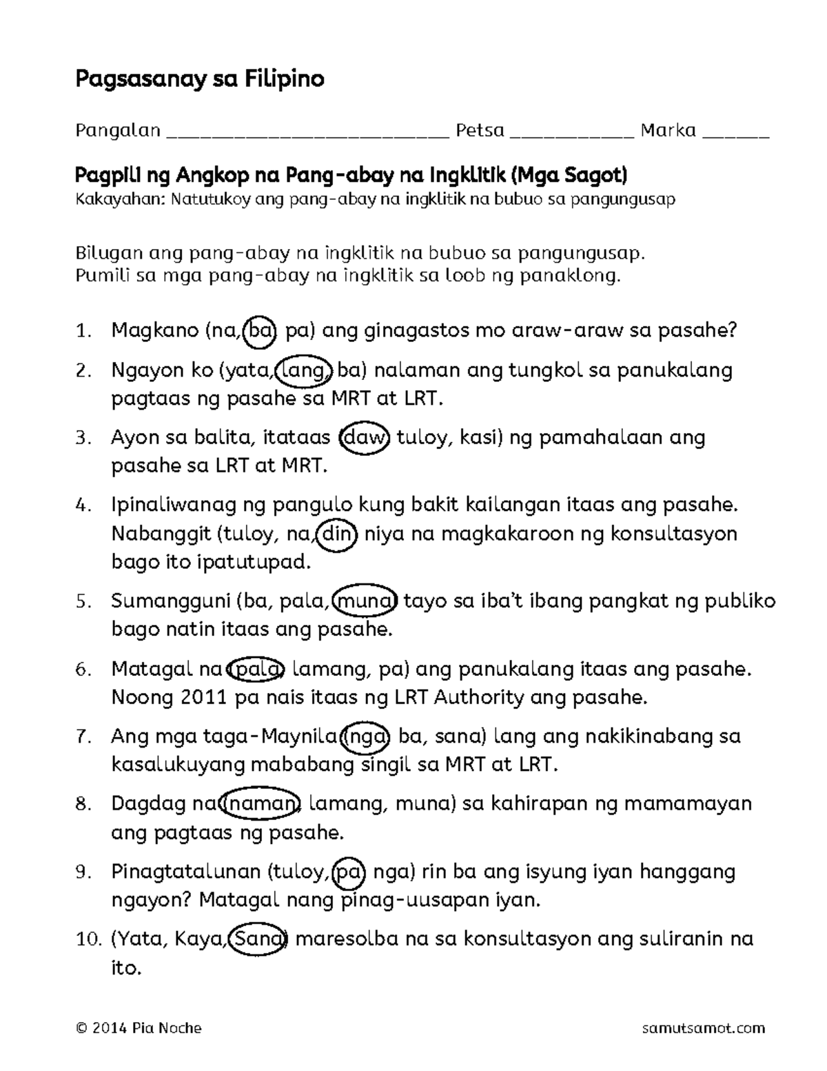 Mga Sagot sa Pagpili ng Angkop na Pang-abay na Ingklitik 2-1 - Studocu