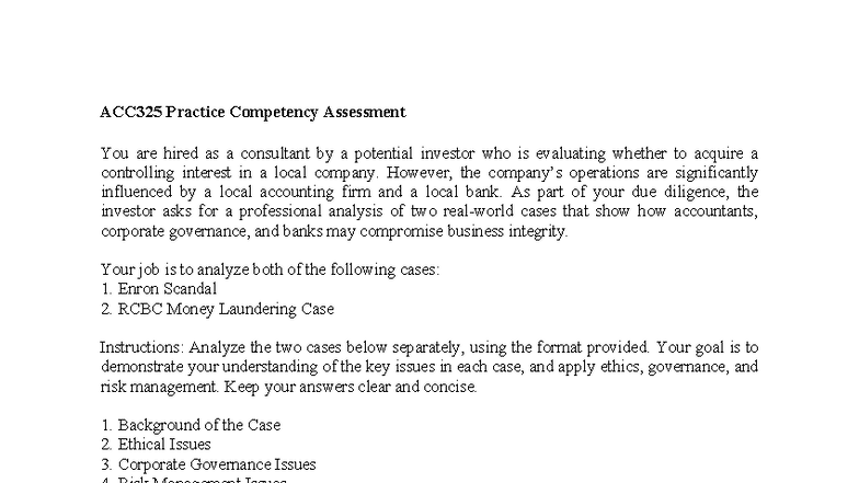 ACC325 Case Analysis: Enron & RCBC Ethical Issues - Studocu