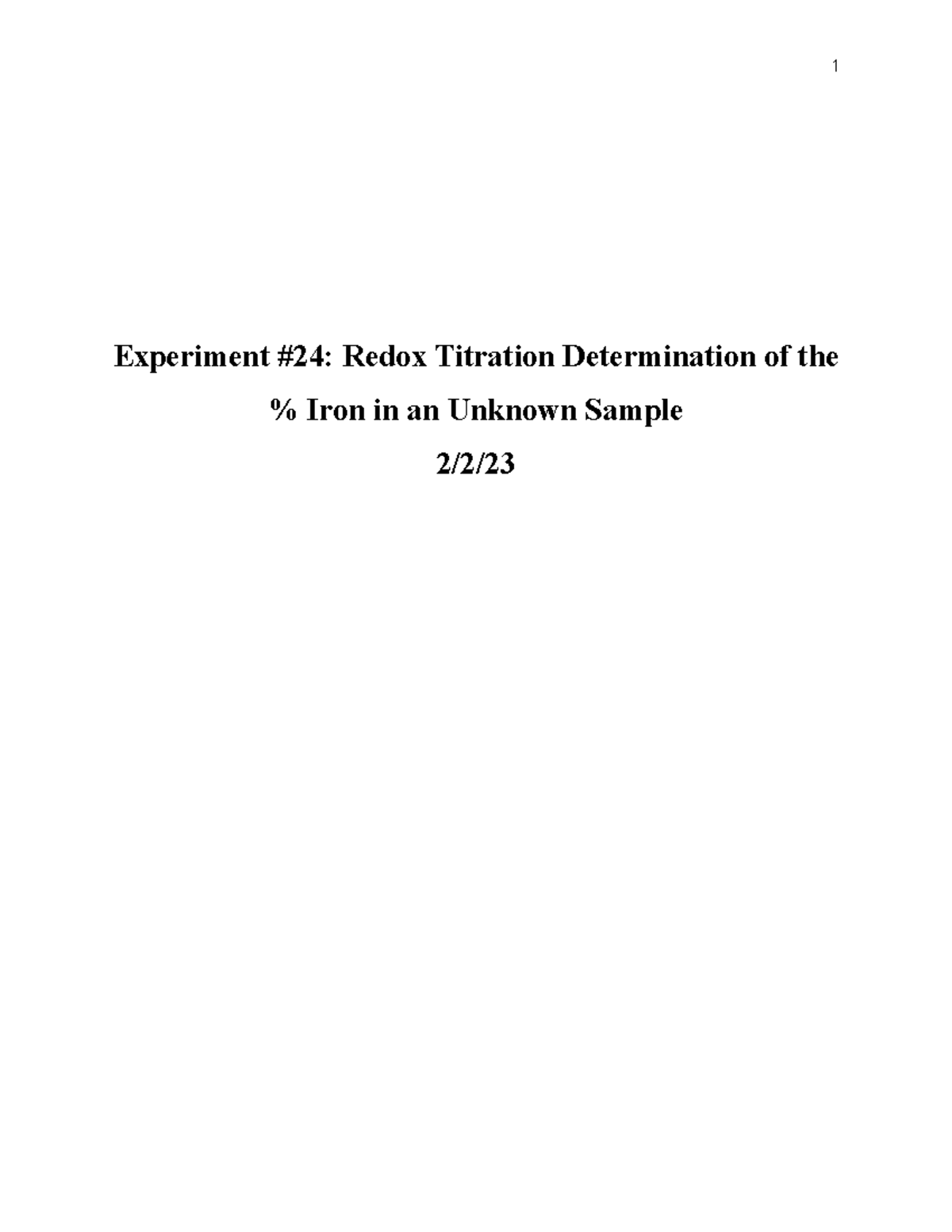 Gen Chem Lab Report #24: Redox Titration of Iron in Unknown Sample ...