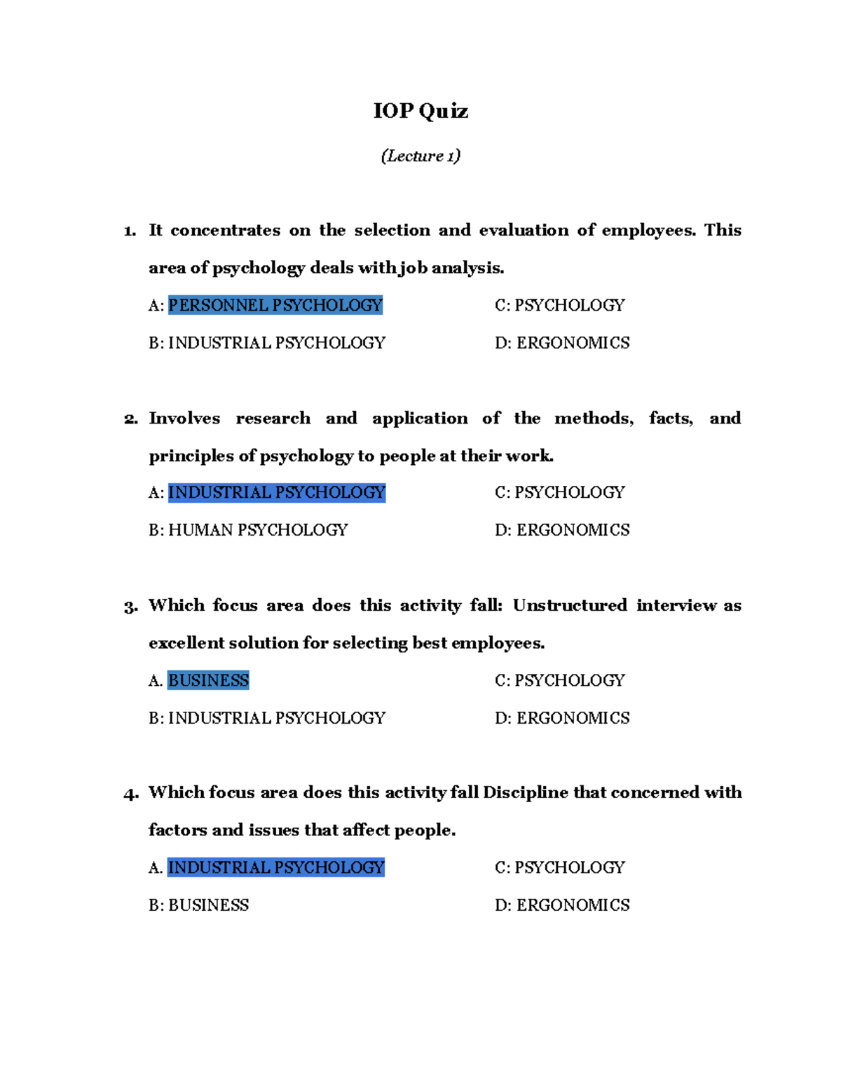 IOP Quiz (Lecture 1) - Quiz Homework for Industrial and Organizational ...
