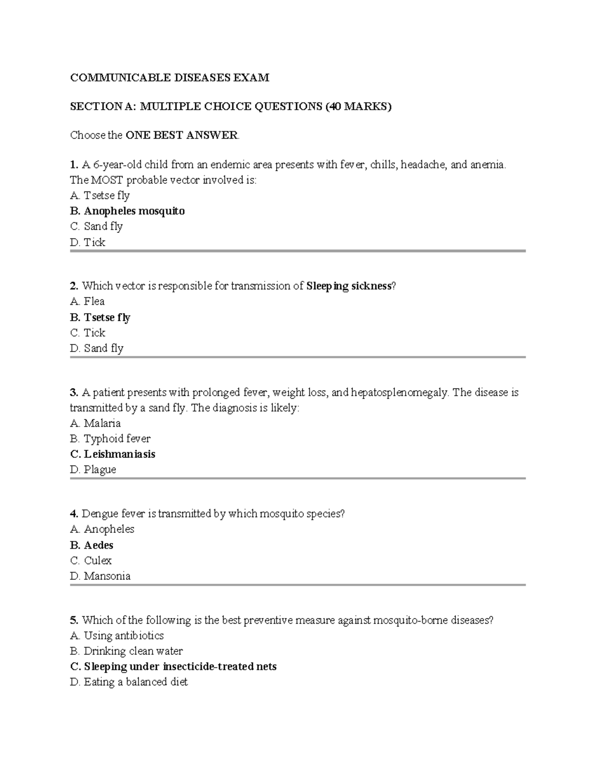 COMMUNICABLE DISEASES EXAM 161: MULTIPLE CHOICE & SHORT ANSWER ...