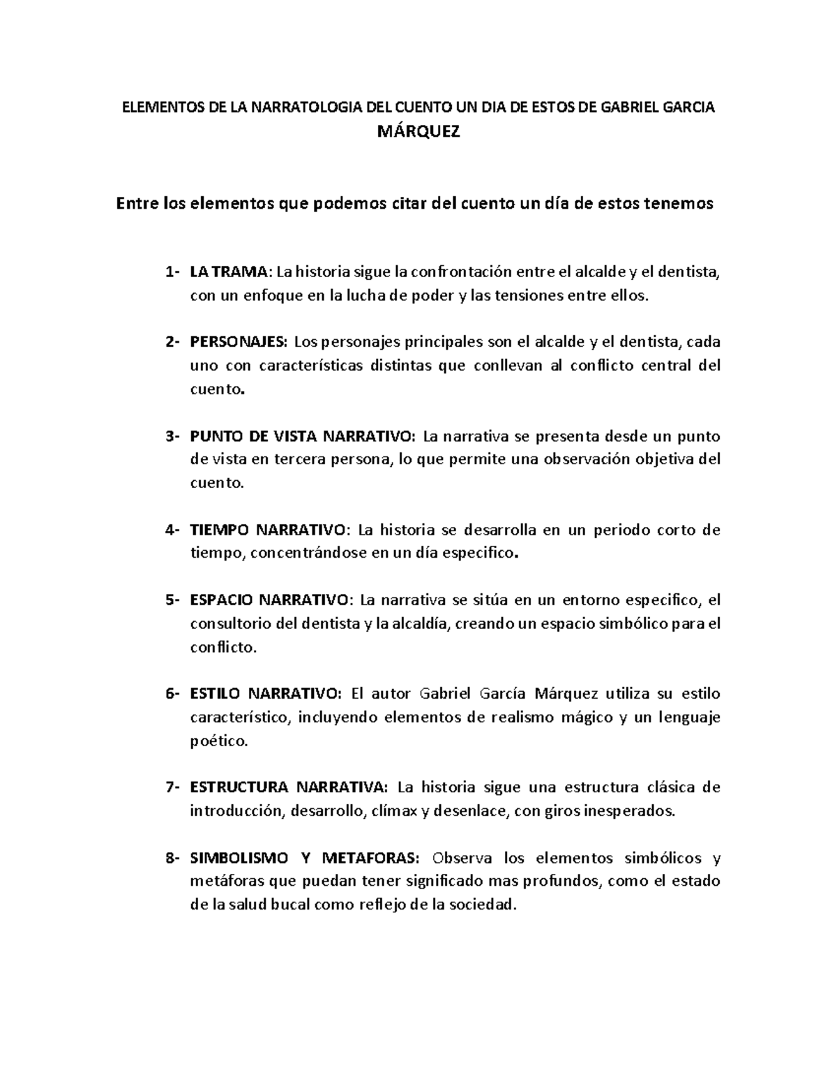 Elementos DE LA Narratologia DEL Cuento UN DIA DE Estos DE Gabriel ...