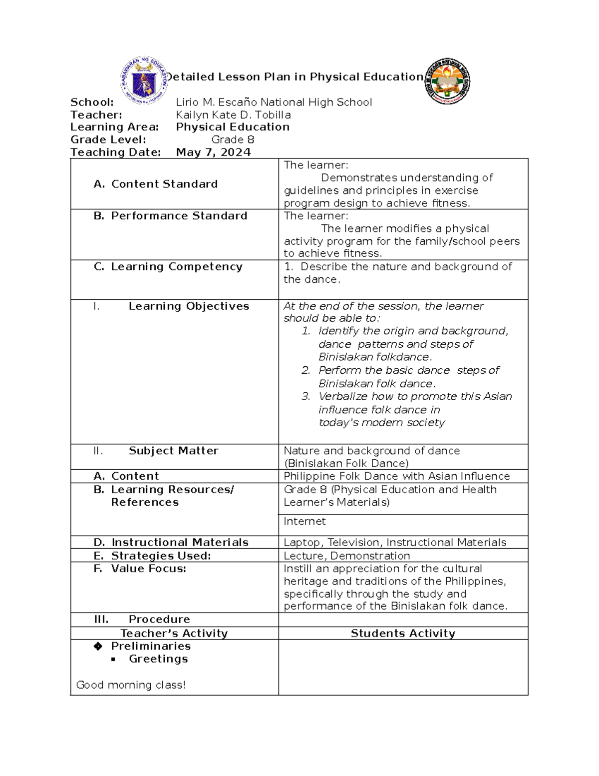 Lesson Plan: Binislakan Folk Dance - PE 8 (May 7, 2024) - Studocu