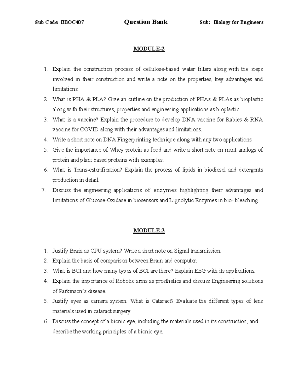 BBOC407 Final Exam Question Bank: Biology for Engineers Insights - Studocu