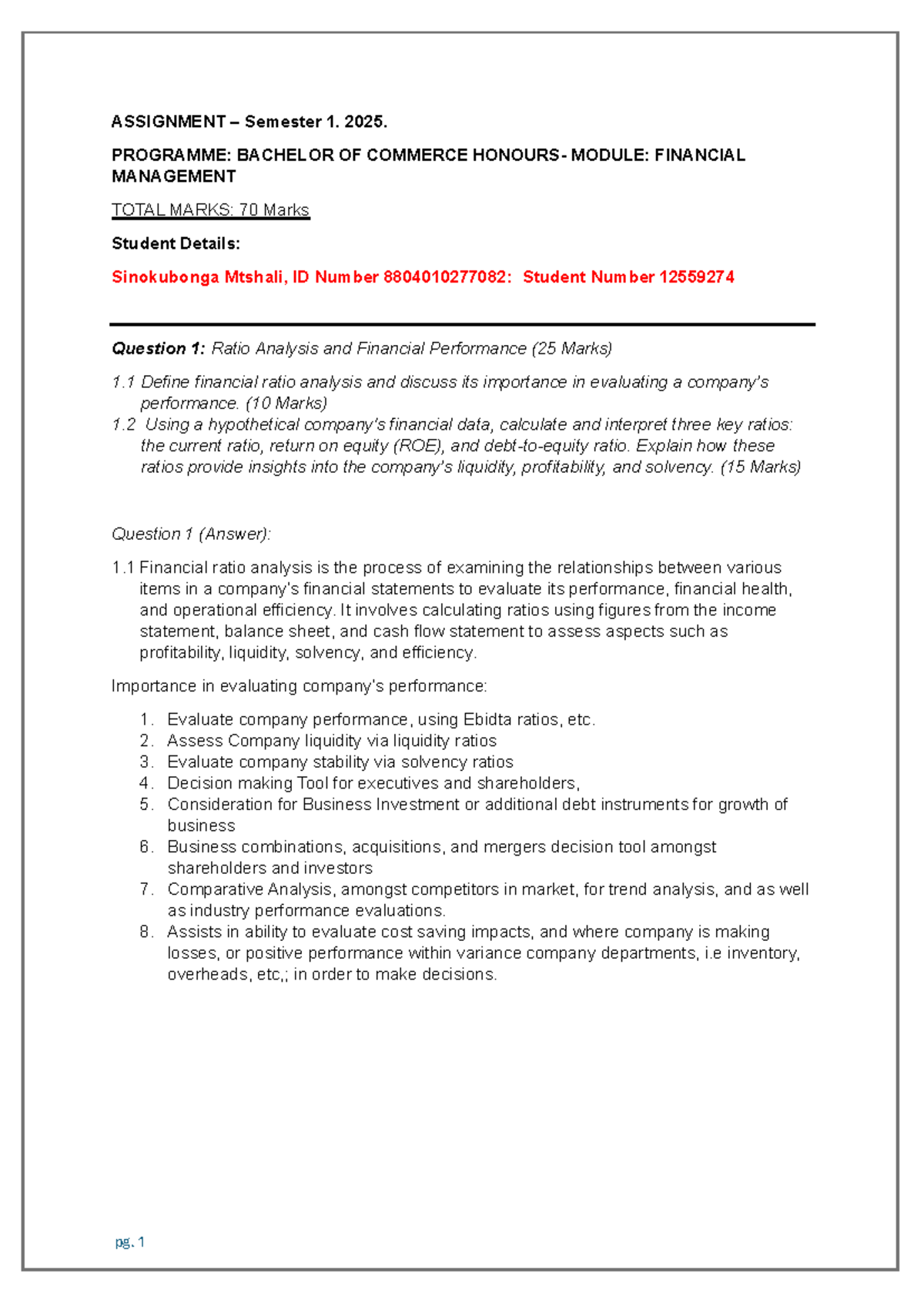 Assignment - BCom Financial Management S1 2025: Ratio Analysis & WACC - Studocu