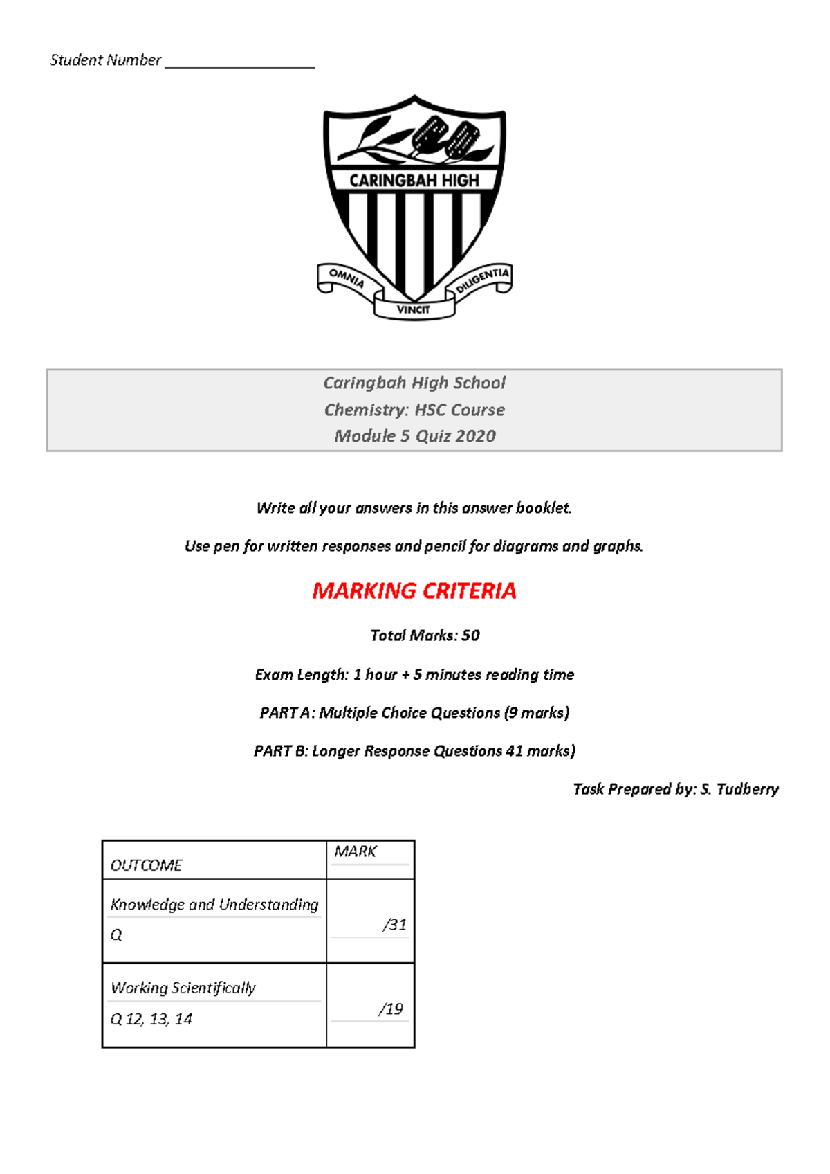 Caringbah High School Chemistry: HSC Module 5 Quiz Marking Criteria ...