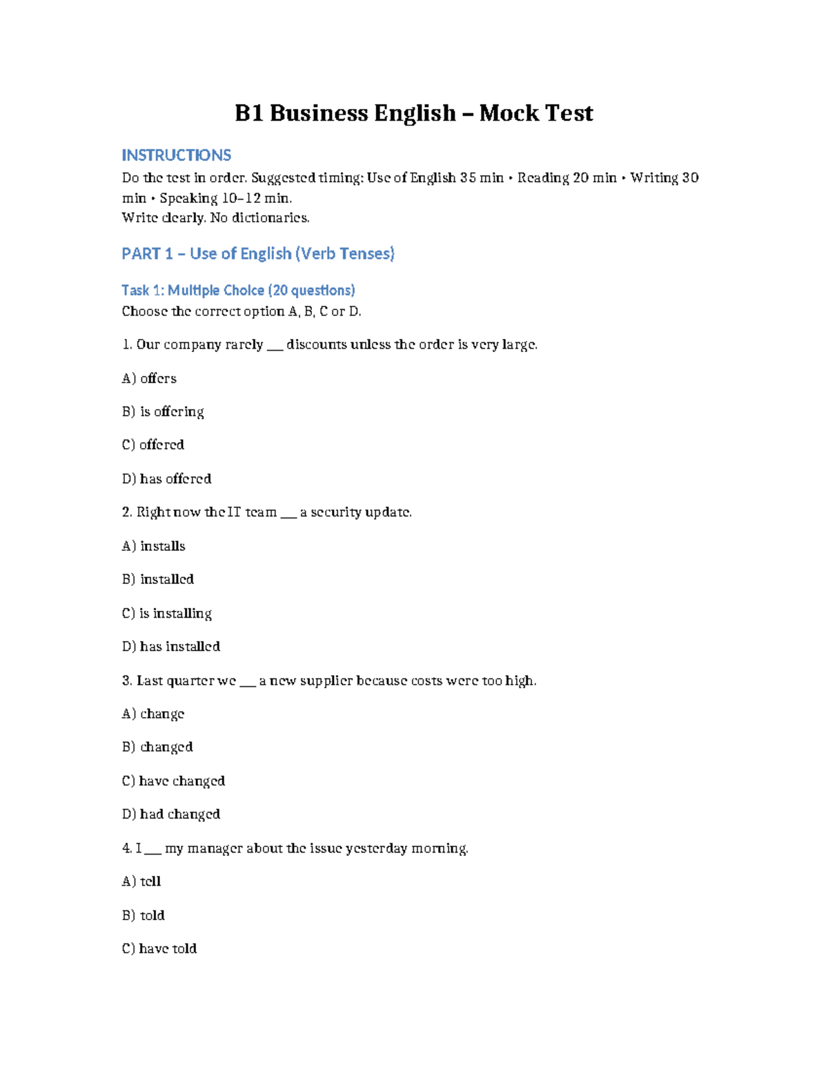 B1 Business English Mock Test: Practice Questions & Instructions - Studocu
