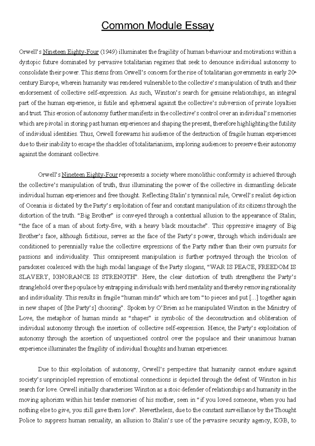 Common Module Essay: Exploring Fragility in Orwell's 1984 - Studocu