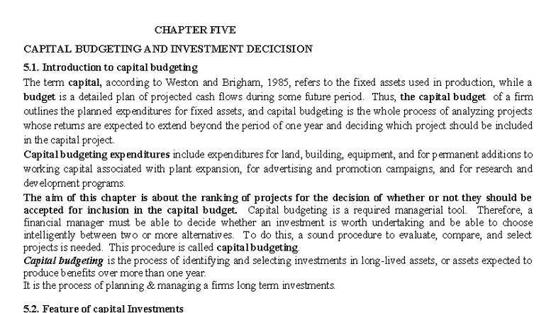 CHAPTER 5: CAPITAL BUDGETING AND INVESTMENT DECISIONS - Studocu